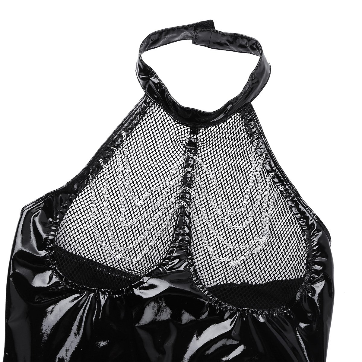 CHICTRY Women's Wet Look Leather Halter Bodysuit Zipper Crotch Mesh ...