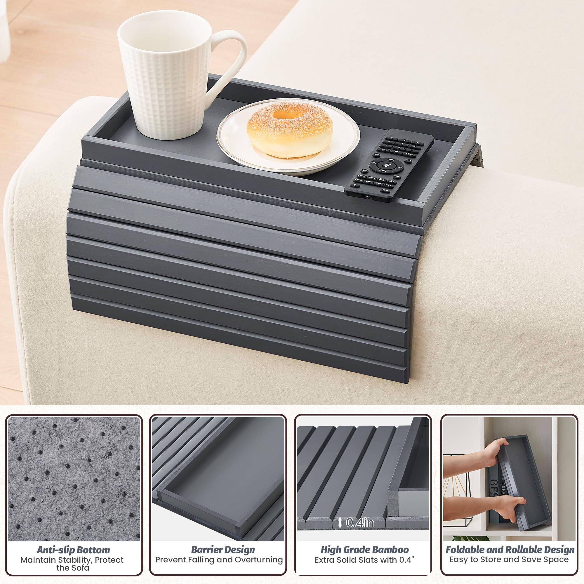 Arm Chair Table Tray GEHE Bamboo Sofa Arm Tray, Foldable Couch Arm Tray ...
