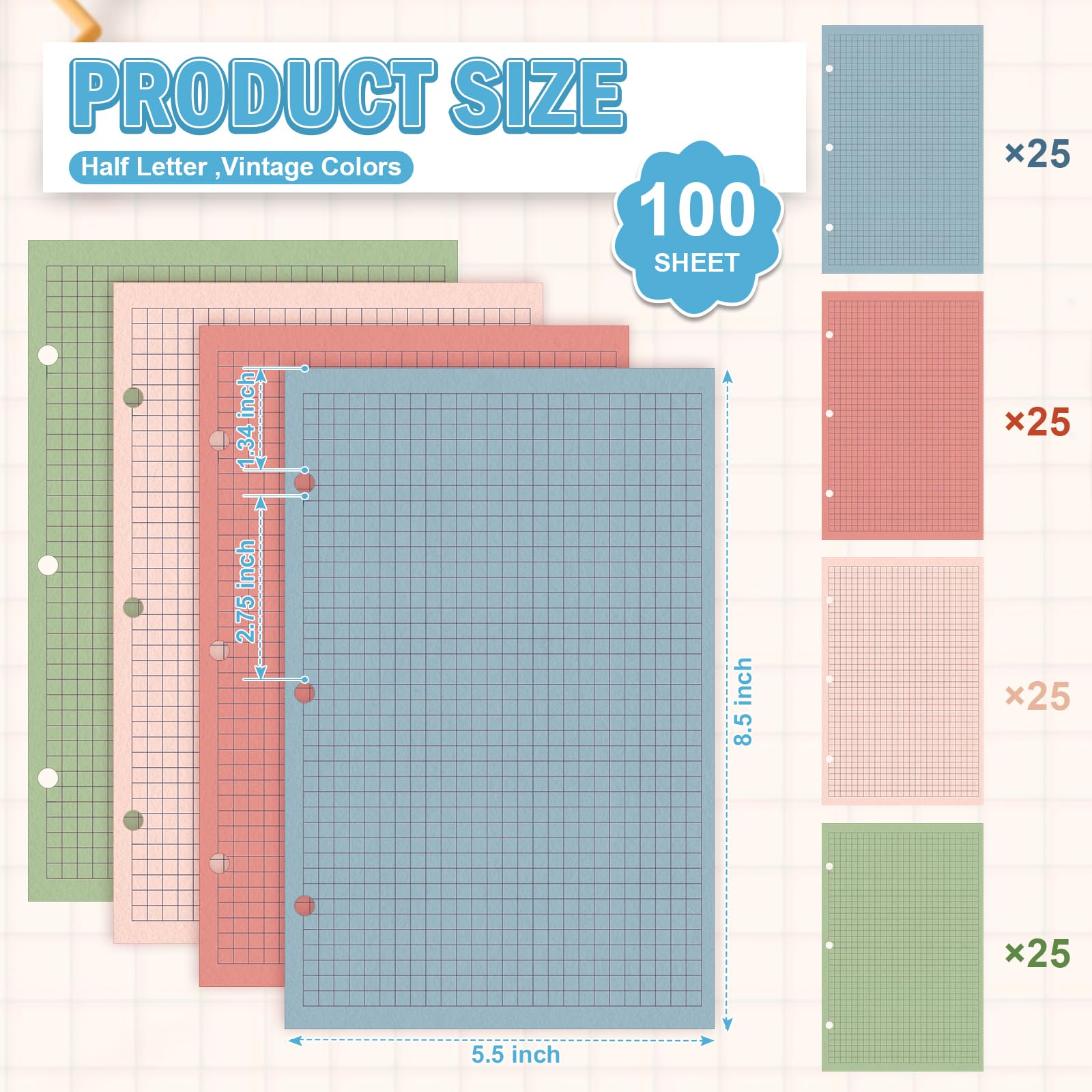 Snapklik.com : 100 Sheets Half Letter 3 Hole Notebook Grid Paper Refill ...