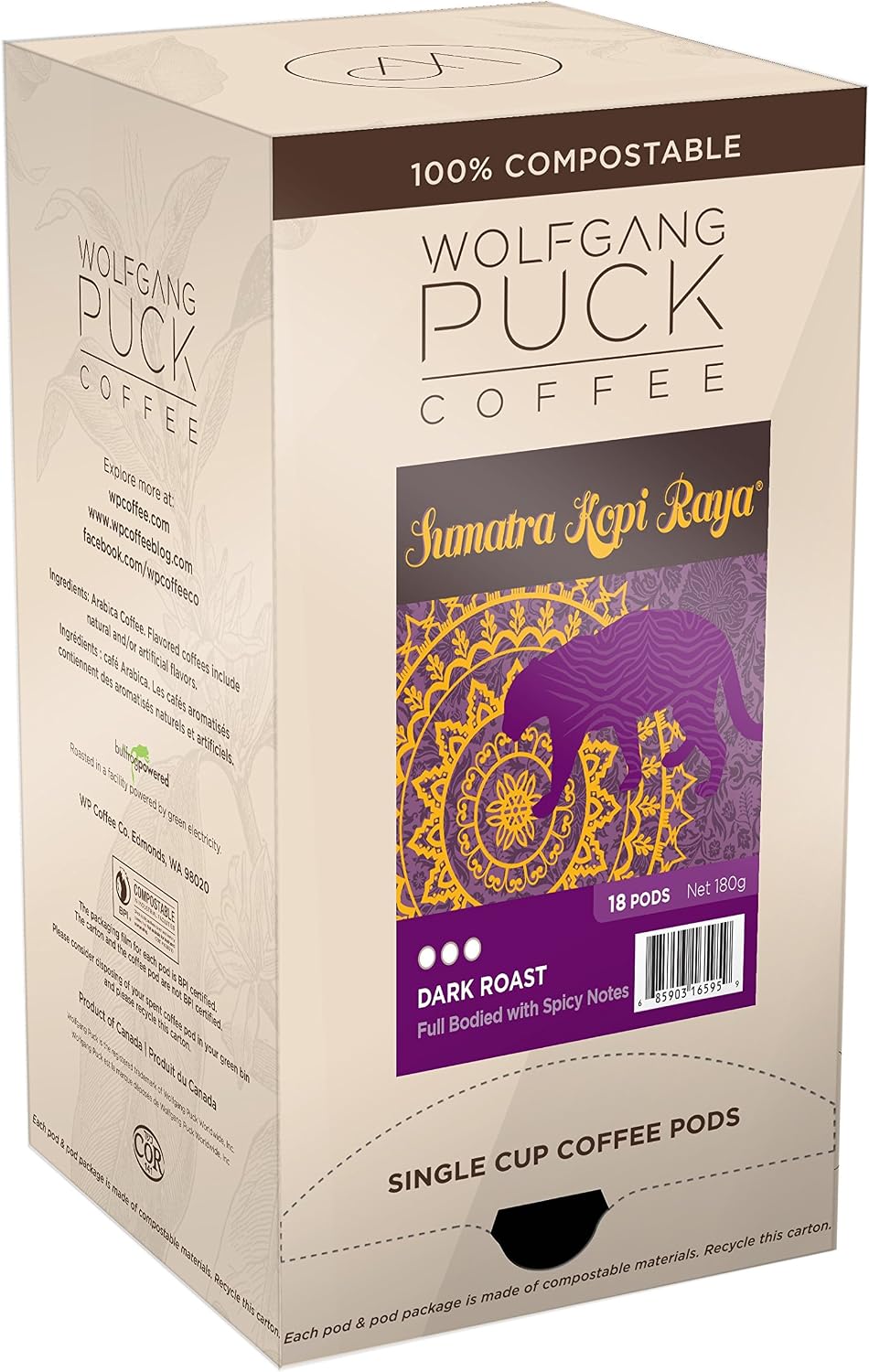 Wolfgang Puck Coffee, Sumatra Kopi Raya, Dark Roast, 9.5 Gram Pods-18 ...