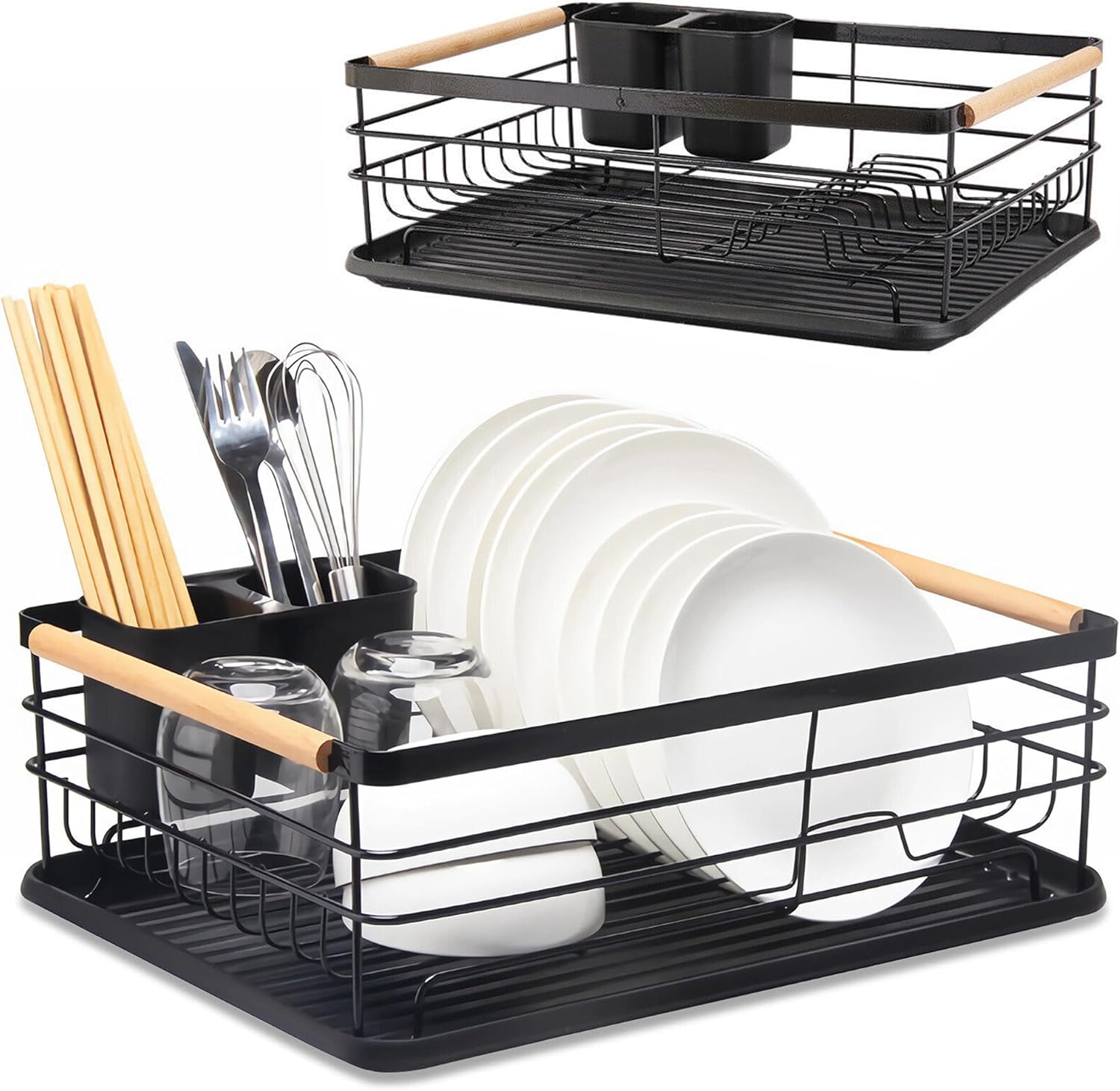 Dish Drainer Rack with Removable Drip tray, Metal Plate Cutlery Pot and ...