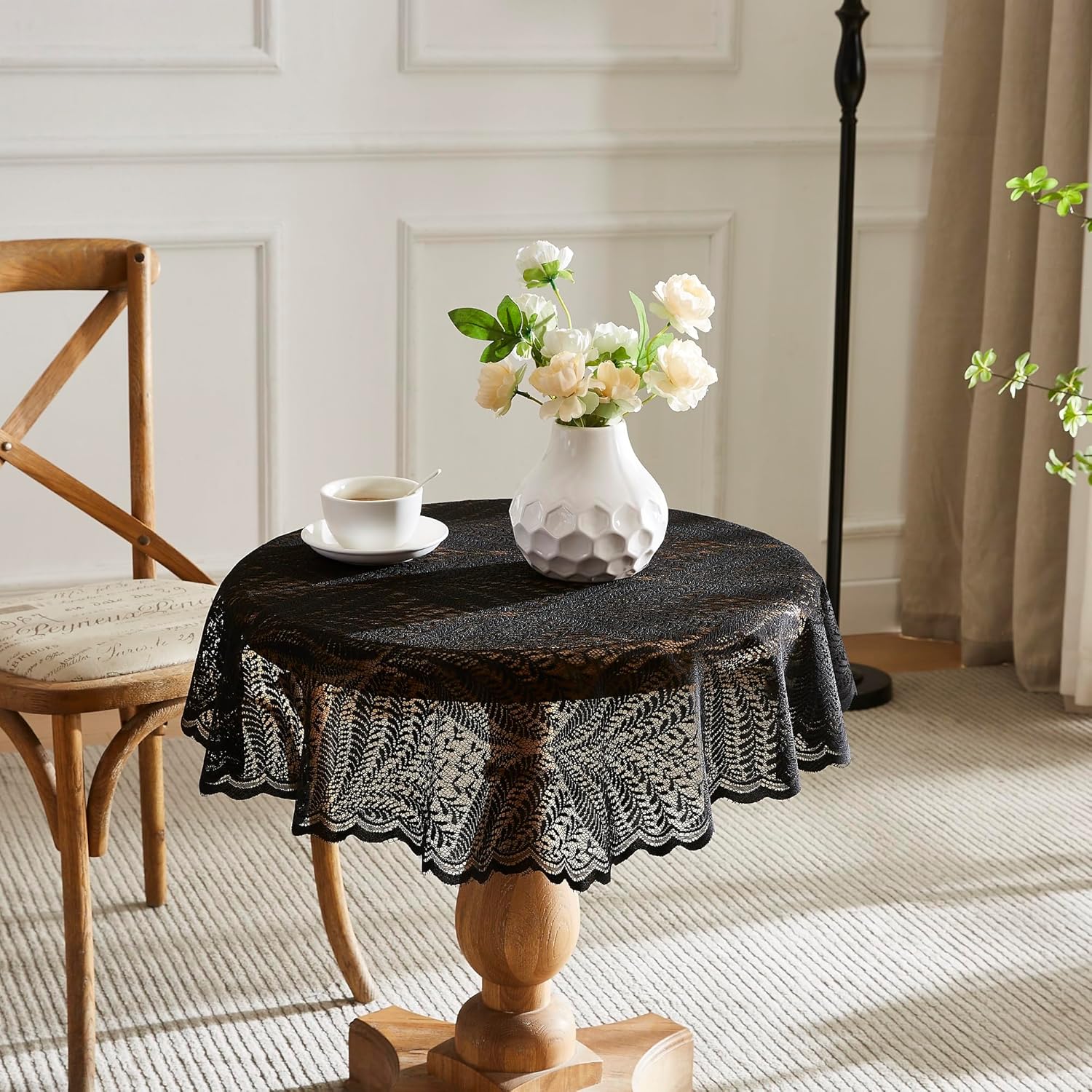 Amazon.com: LinenZone Round Lace Tablecloth with Leaves Design. Luxury ...