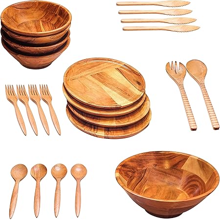 Amazon.com | AIDEA Wood Dinnerware Set 12pcs Acacia Wood Tableware Set ...