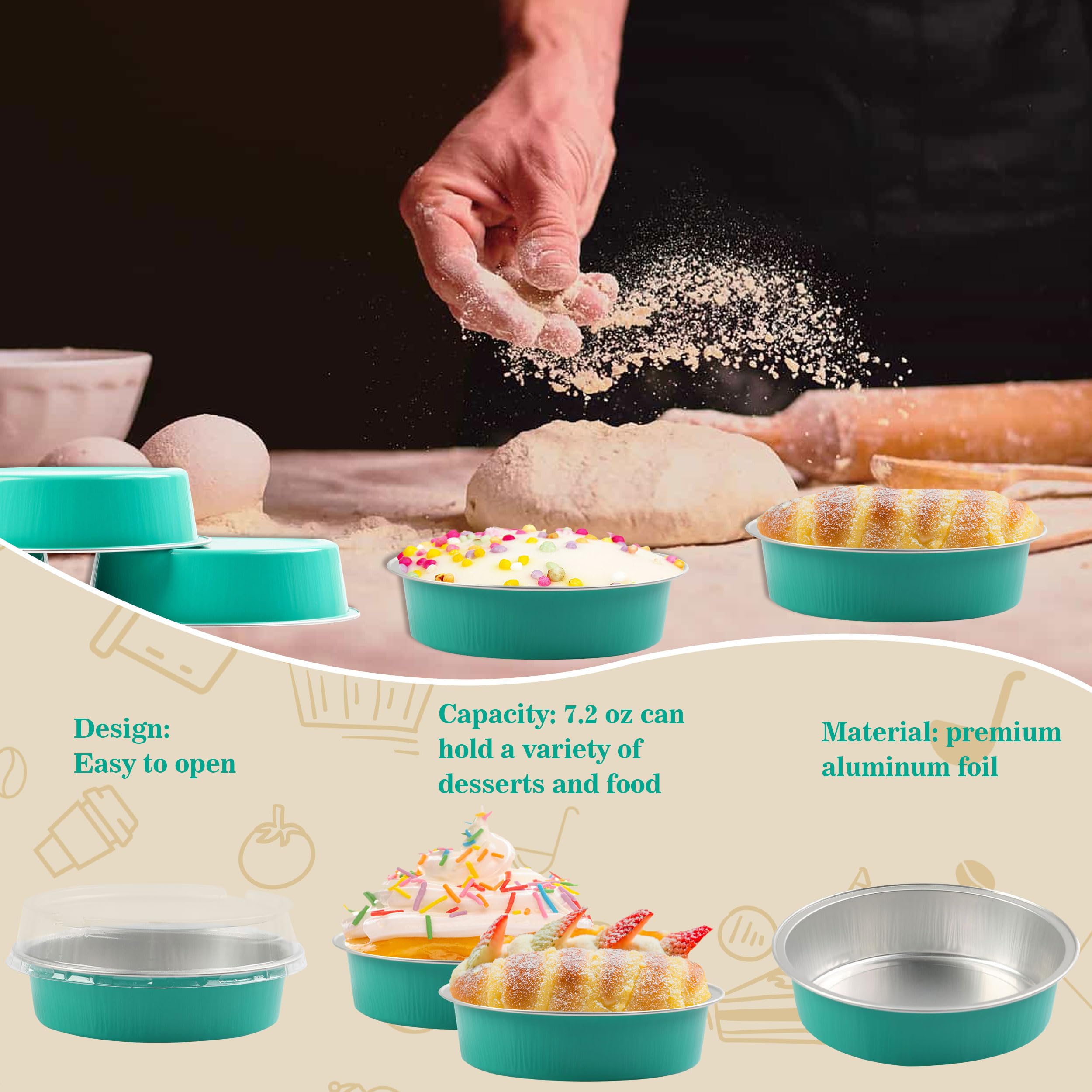 BAKINGPAK Individual Cake Pans With Lids, 50PCS 7.2OZ Aluminum Pans ...