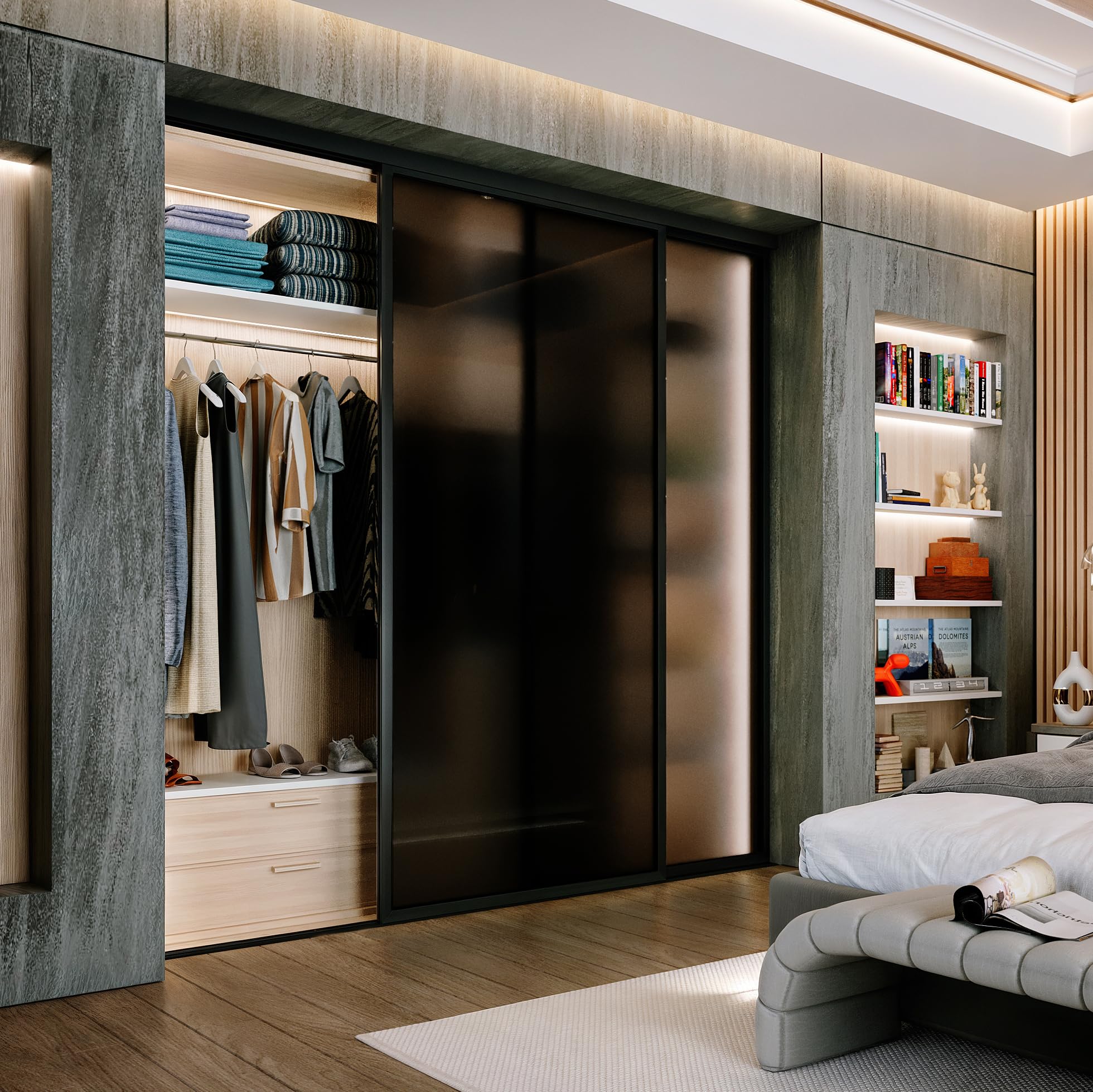 Door55 2 Panel Glass Sliding Closet Door with Aluminum Frame, Silent ...