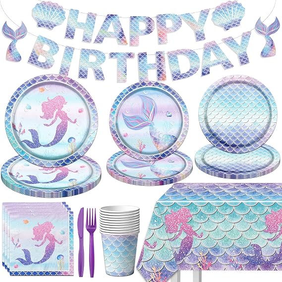 Amazon.com: CMUSKO Mermaid Plates and Napkins Party Supplies, Mermaid ...