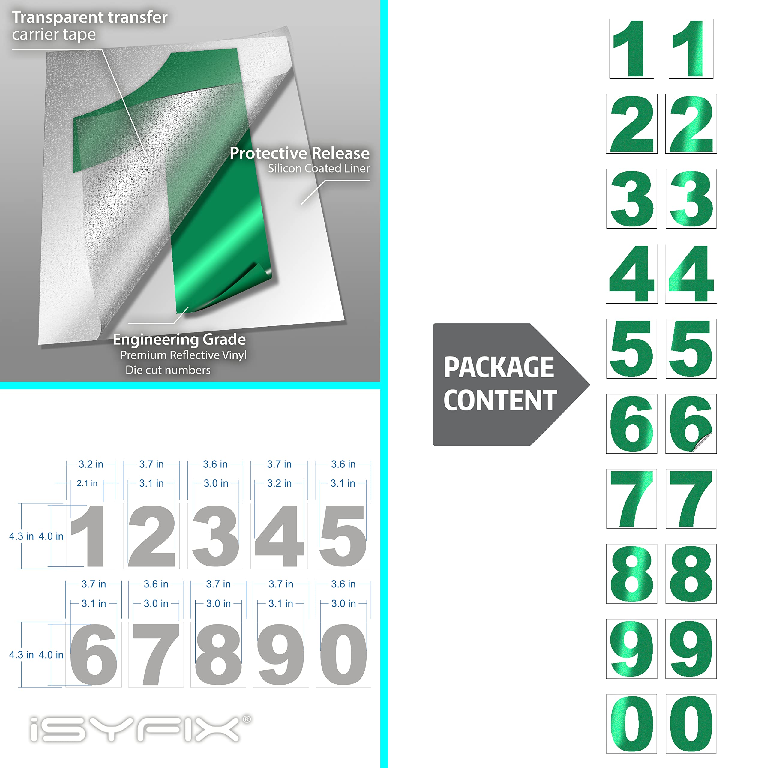 Snapklik.com : iSYFIX Reflective Green Vinyl Numbers Stickers 4 Inch ...