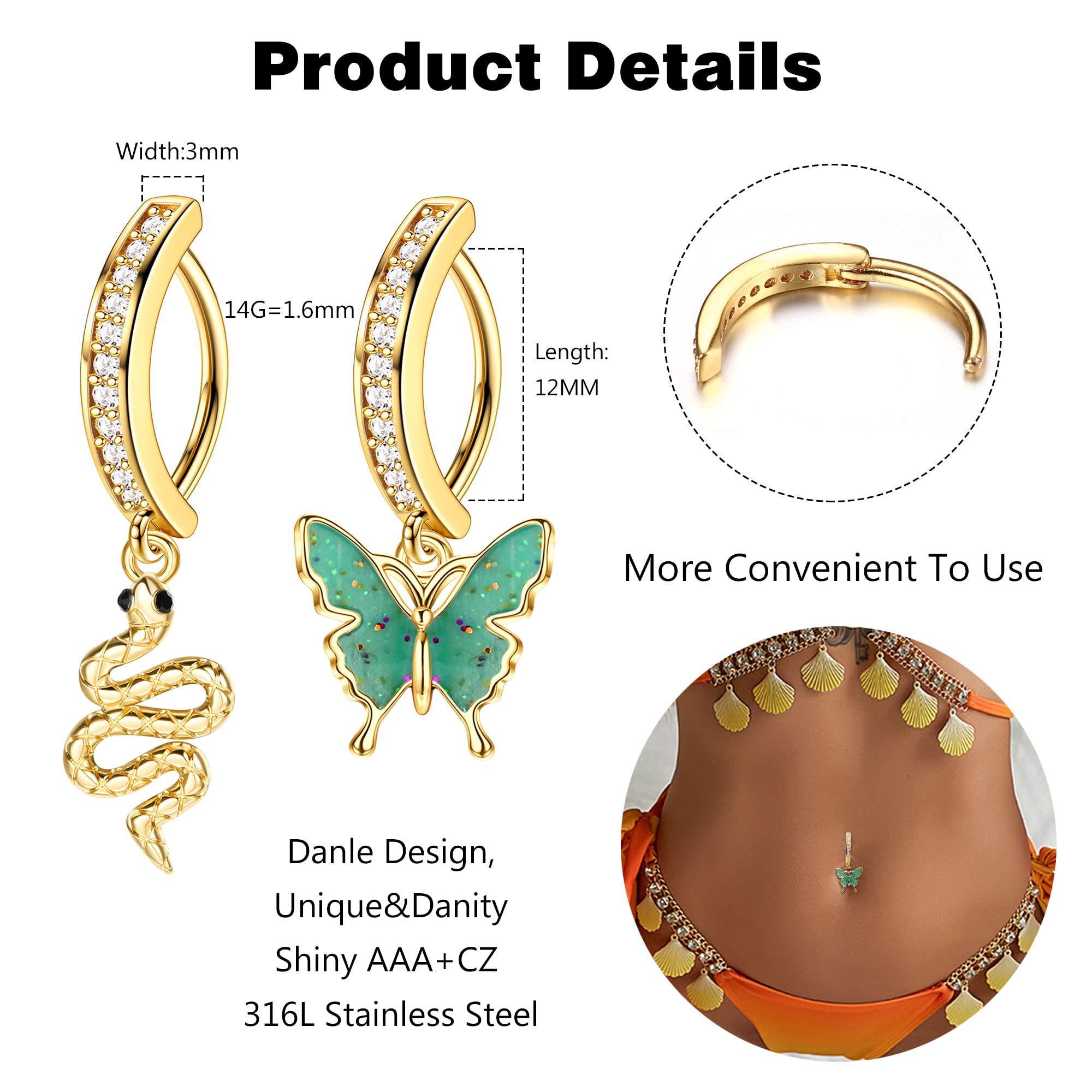 Snapklik.com : 6 Pcs 14G Clicker Belly Button Ring For Women 316L ...