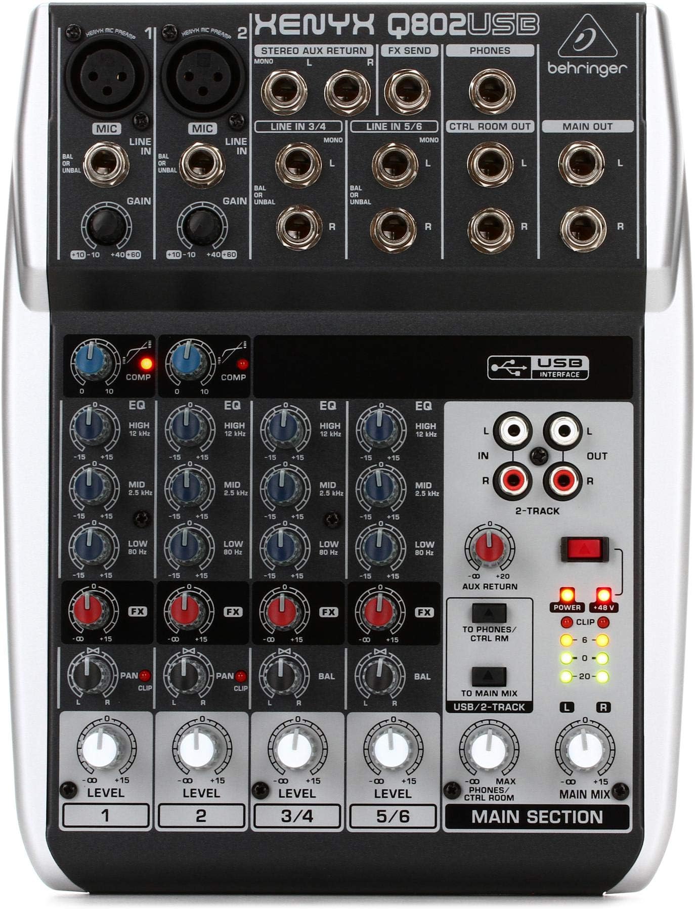 Behringer XENYX Q802USB Premium 8 Input 2 Bus Mixer with XENYX Mic ...