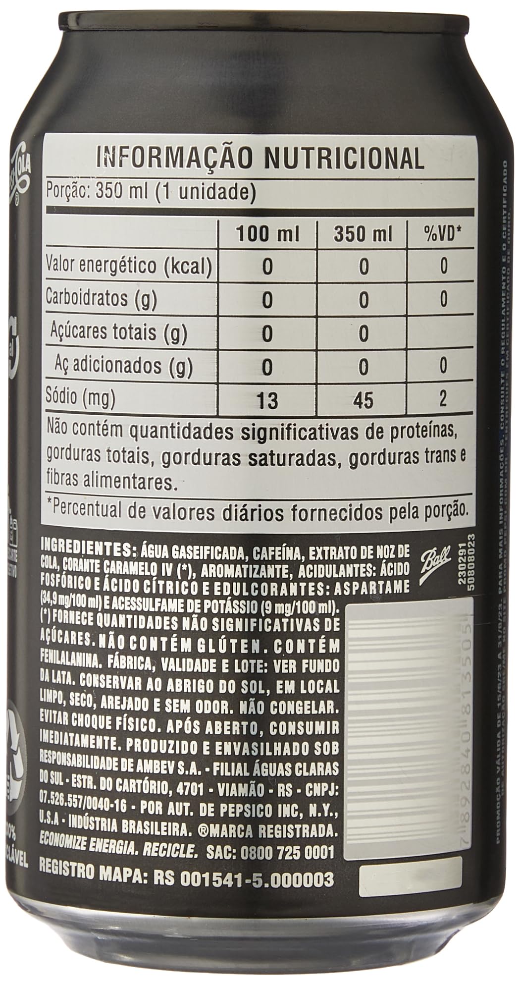 Rotulo Nutricional Da Dieta Pepsi COCA COLA Cola Caffeine Free