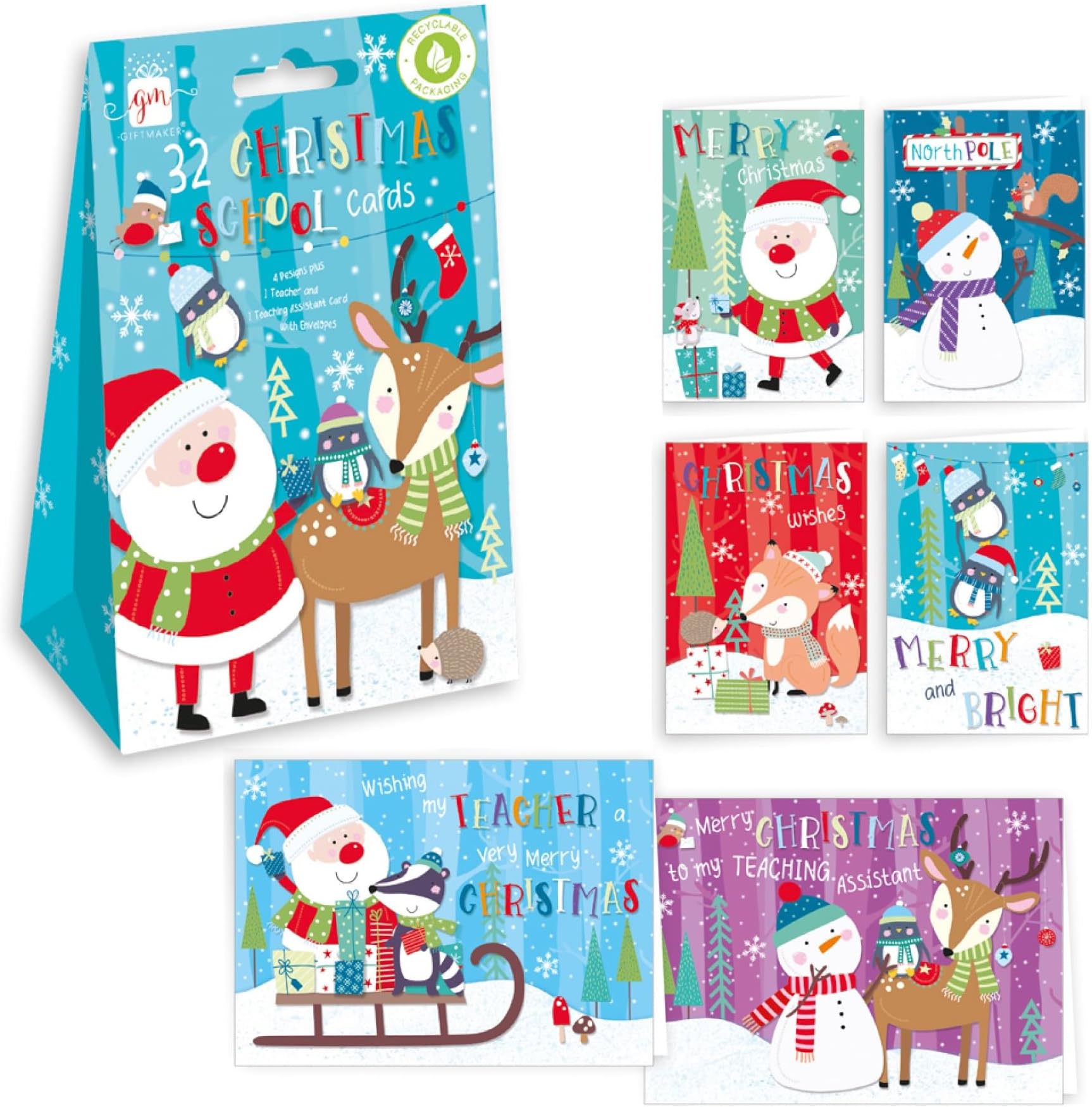 Christmas School Cards Pack of 32 Kids & Teacher - Santa and Friends ...