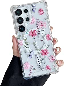 Amazon.com: DEFBSC Magnetic Case for Samsung Galaxy S25 Ultra [Work with Magsafe] Clear Floral ...