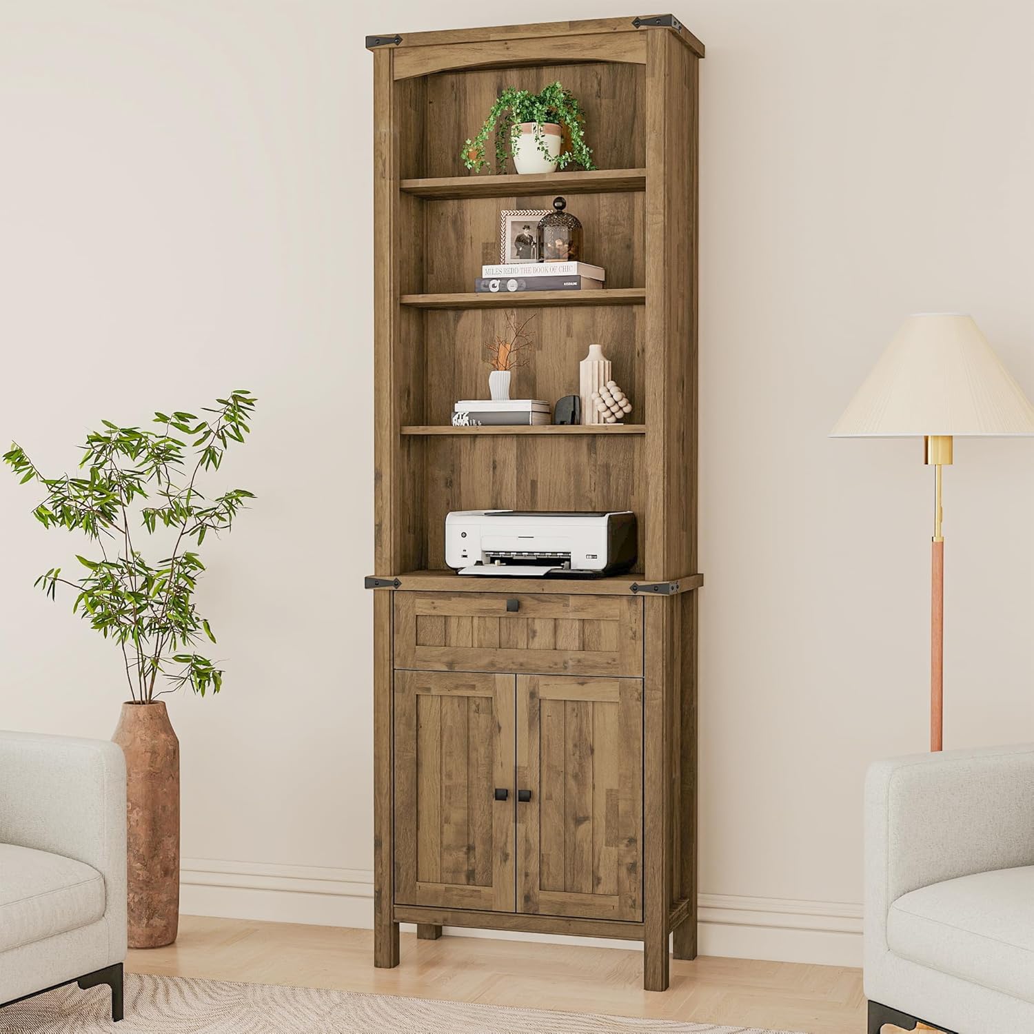 ENOUSHU Bookshelf with Storage Cabinet,71" Tall Rustic Wood Bookcase ...