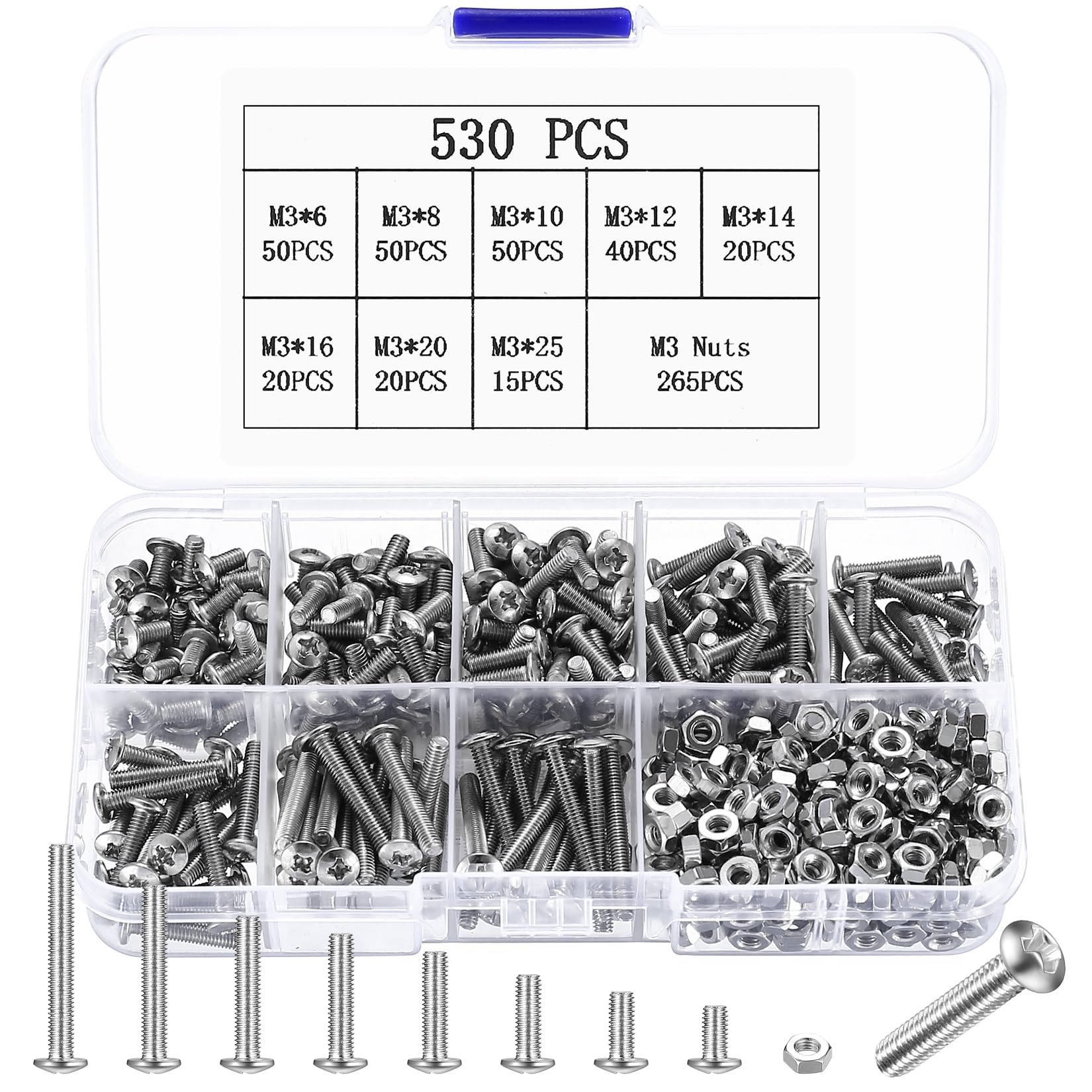 530 Pcs M3 Bolts Set, M3 Bolts and Nuts Set, Phillips Pan Head Screws ...