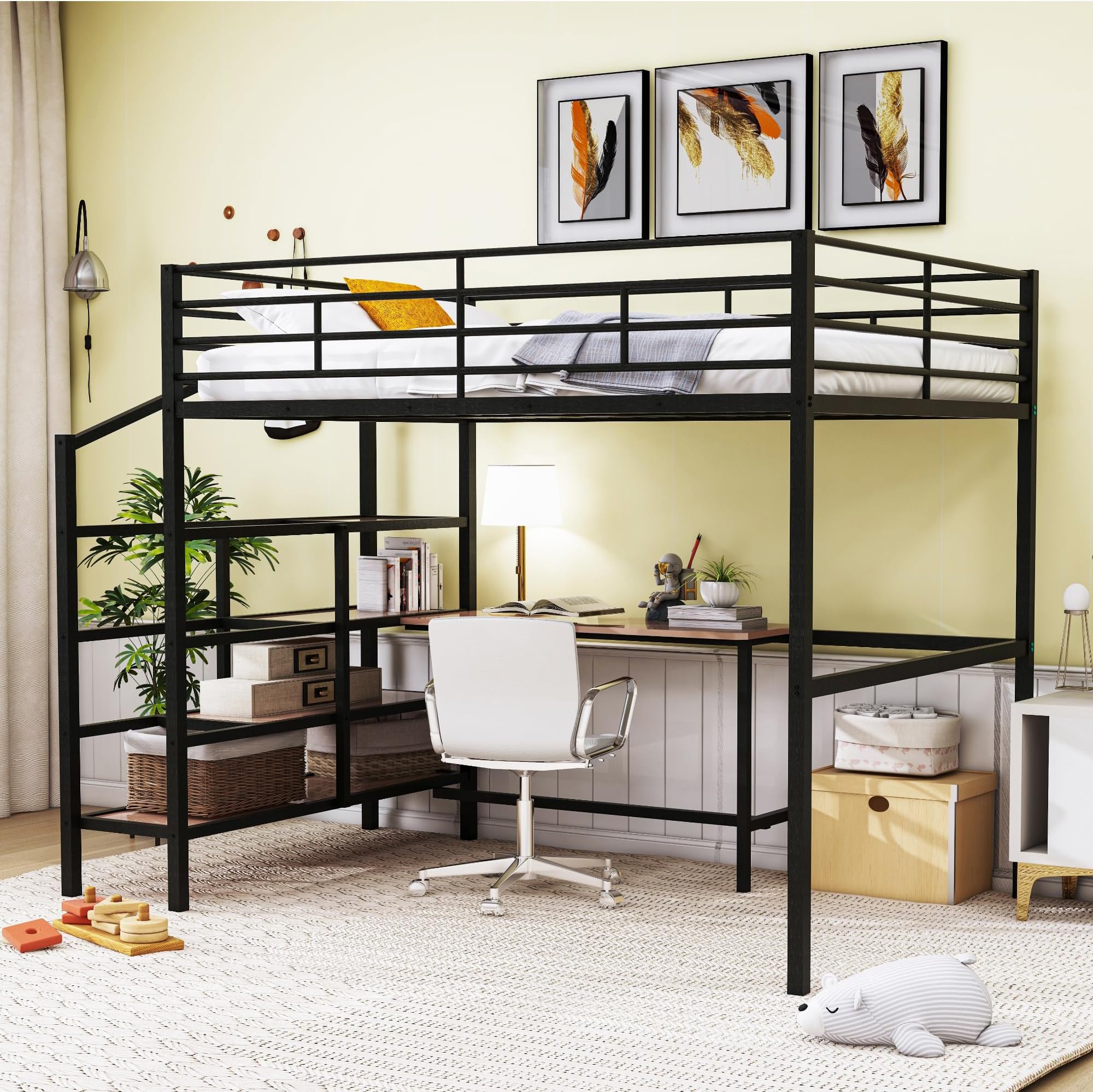 Amazon.com: Full Size Metal Loft Bed with Desk and Stairs, Modern Style ...