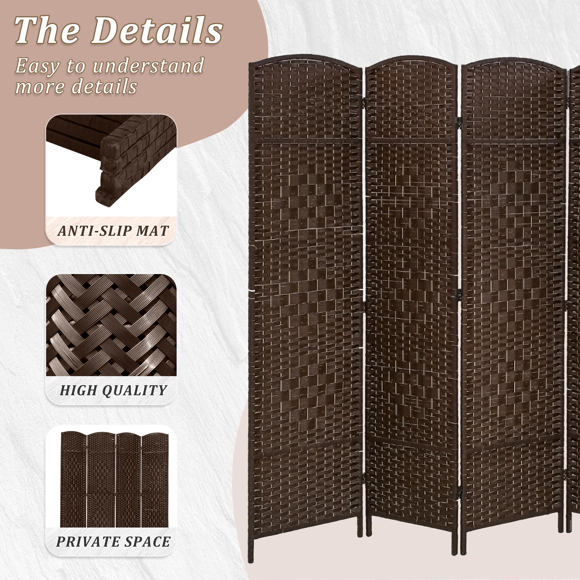 8 Panel 5.9 FT High Room Screen Divider Folding Wooden Privacy Screen ...