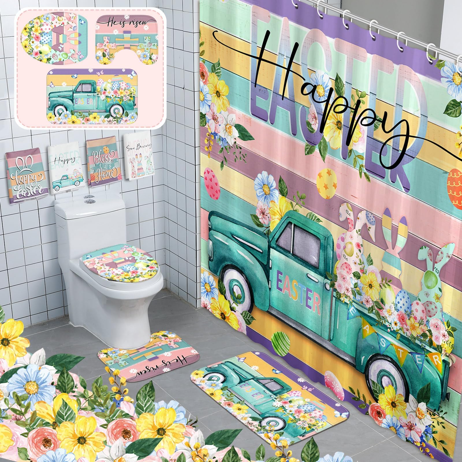 Amazon.com: NEWSUYAA Easter Day Shower Curtain with Bath Rugs Rustic ...