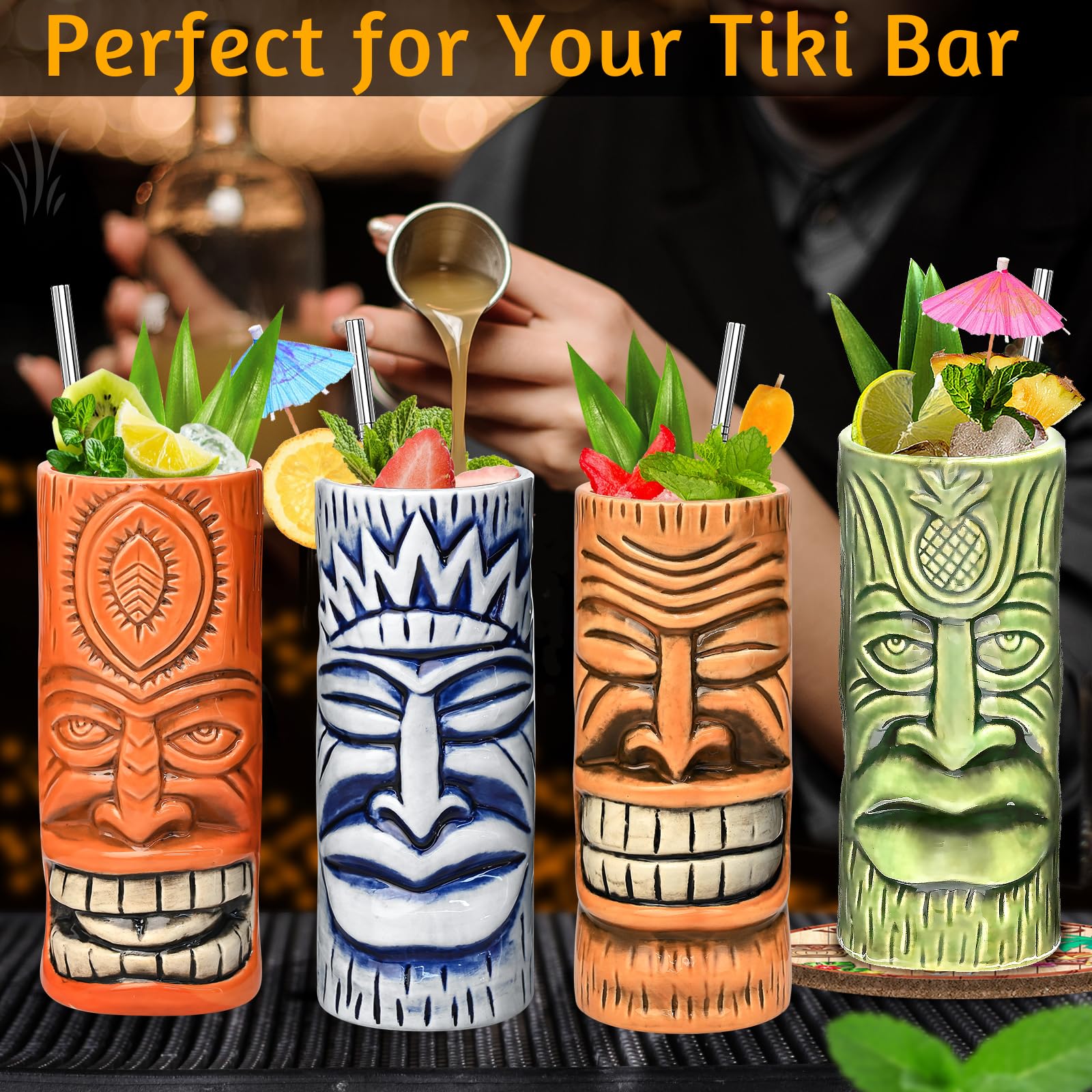 Snapklik.com : Tiki Mugs Set Of 4 - Ceramic Tiki Glass Cocktail Cups