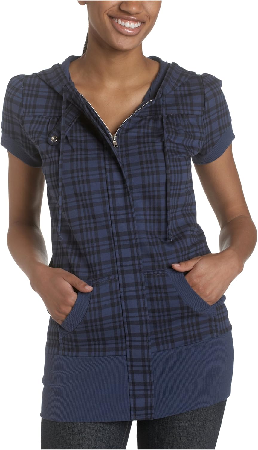 Miss Chievous Juniors Plaid Full Zip Short Sleeve Track Jacket, Blue ...