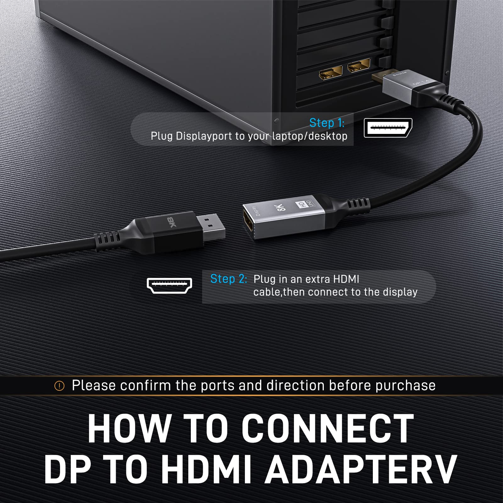 Active 4K HDMI 2.1 to Displayport 1.4 Cable Converter Adapter Male HDMI ...