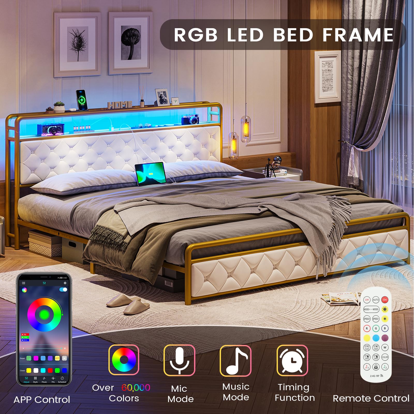 King LED Bed Frame with Storage Headboard,Upholstered King Size ...