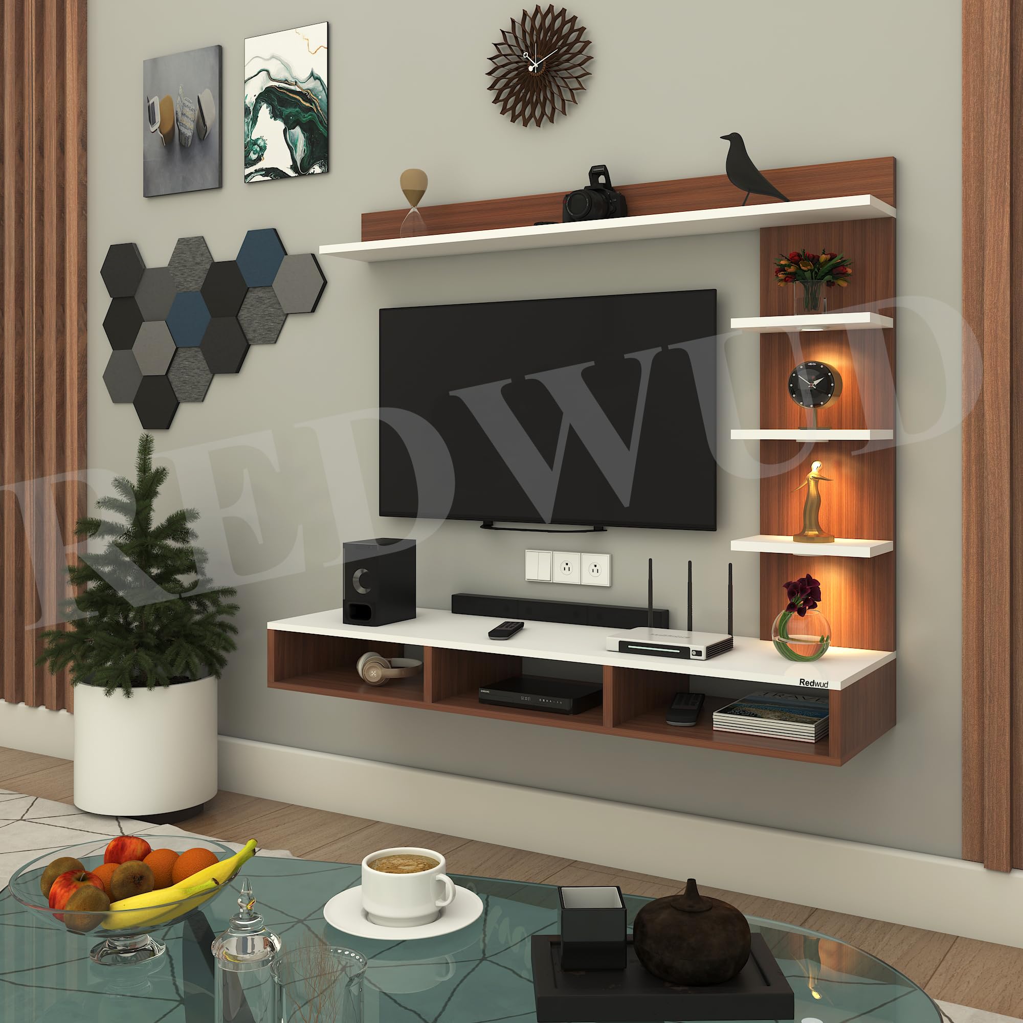 Redwud Gyder LED Light TV Entertainment Unit Wall TV Stand Wooden TV ...