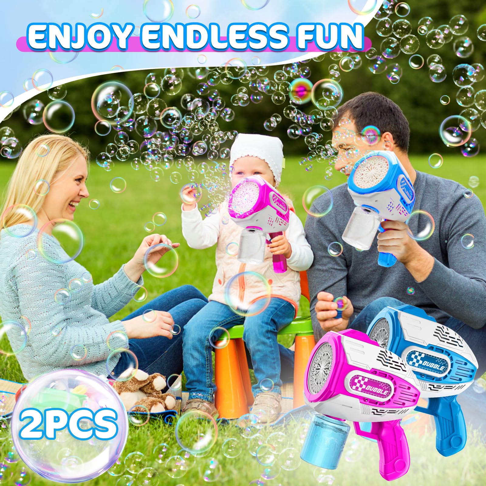 Rechargeable Bubble Gun Machine for Kids, VATOS 2PCS Automatic Light up ...
