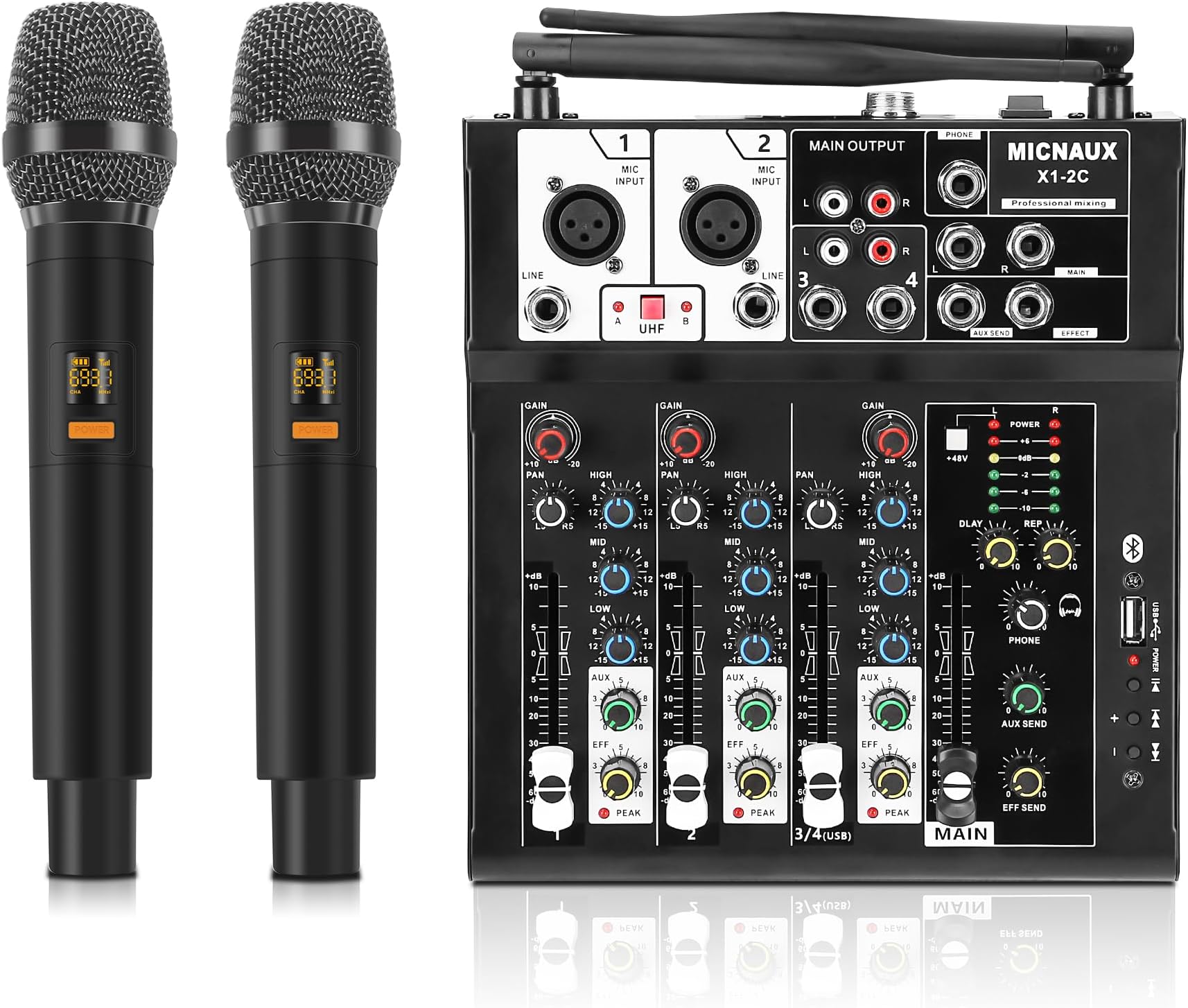 Amazon.com: MICNAUX 4 Channel Audio Mixer, Karaoke Mixer with Dual Wireless Microphones ...