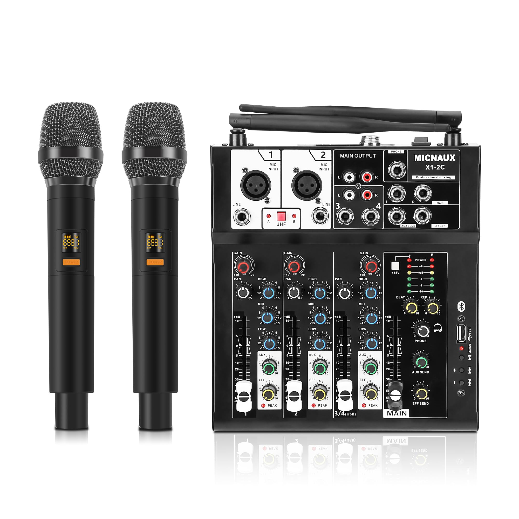MICNAUX 4-Channel Audio Mixer with Dual Wireless Microphones (Model X1 ...
