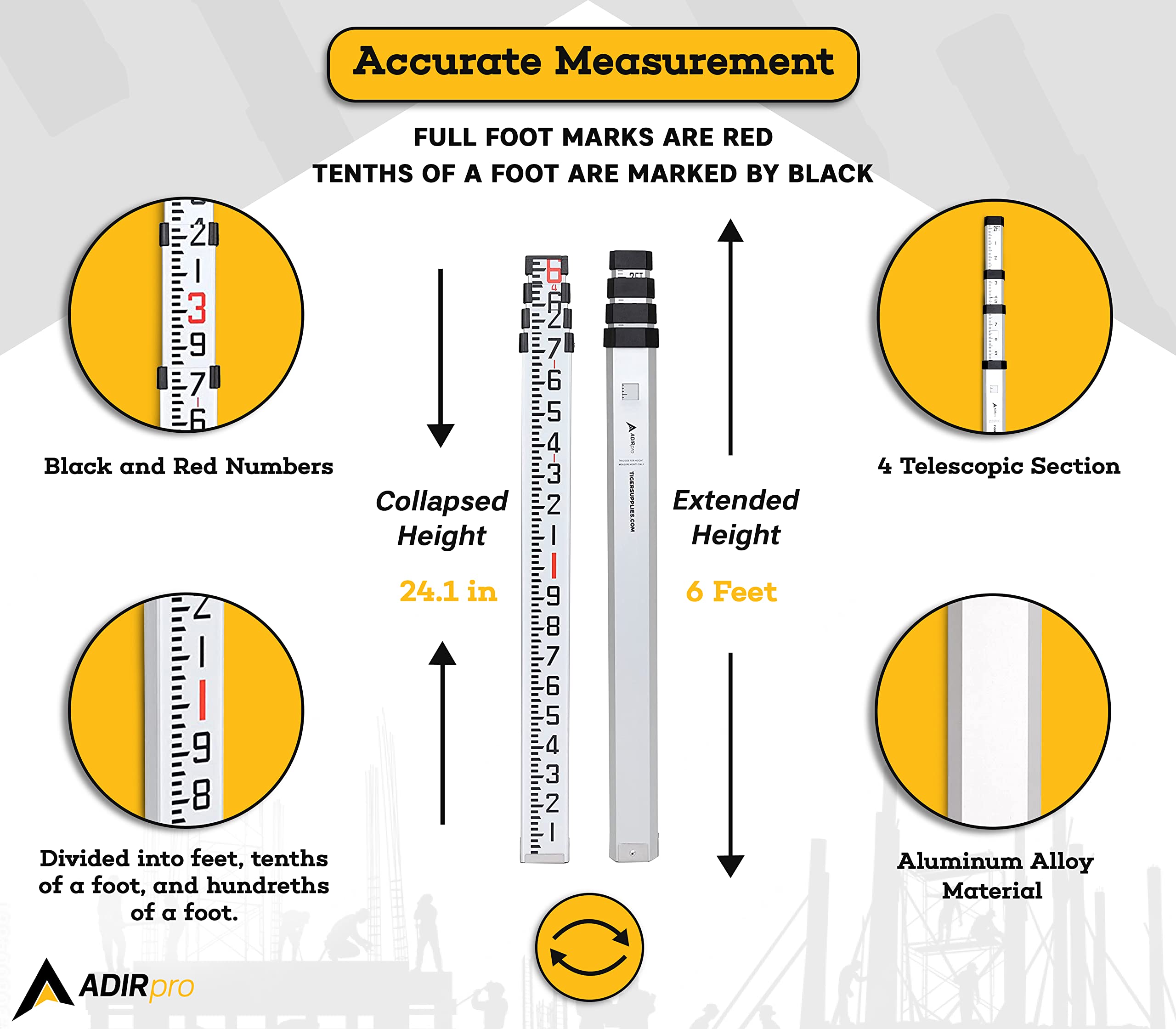 AdirPro Aluminum Grade Rod - Extra Compact Telescoping Measuring Stick ...