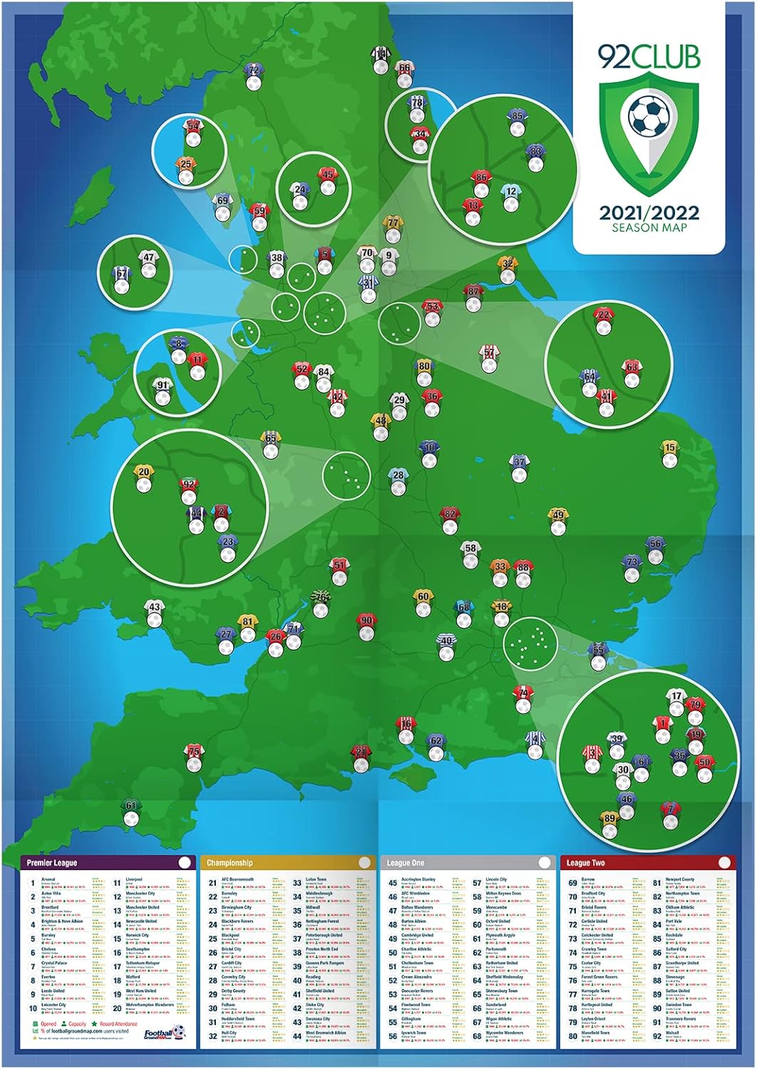 Football Ground Map 92 Club - Football Stadium A1 Wall Poster (Folded ...
