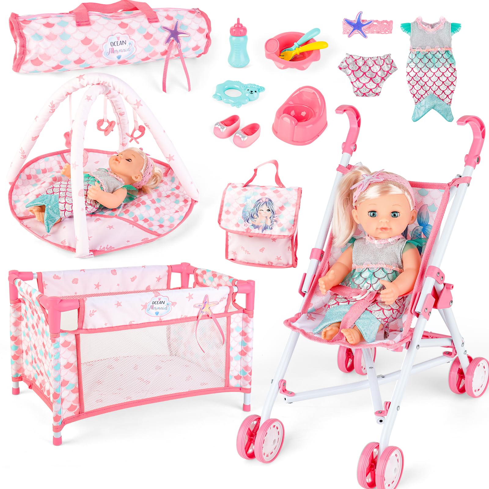 Amazon.com: deAO 12 Inch Baby Doll Stroller Play Set,14 PCS Baby Doll ...