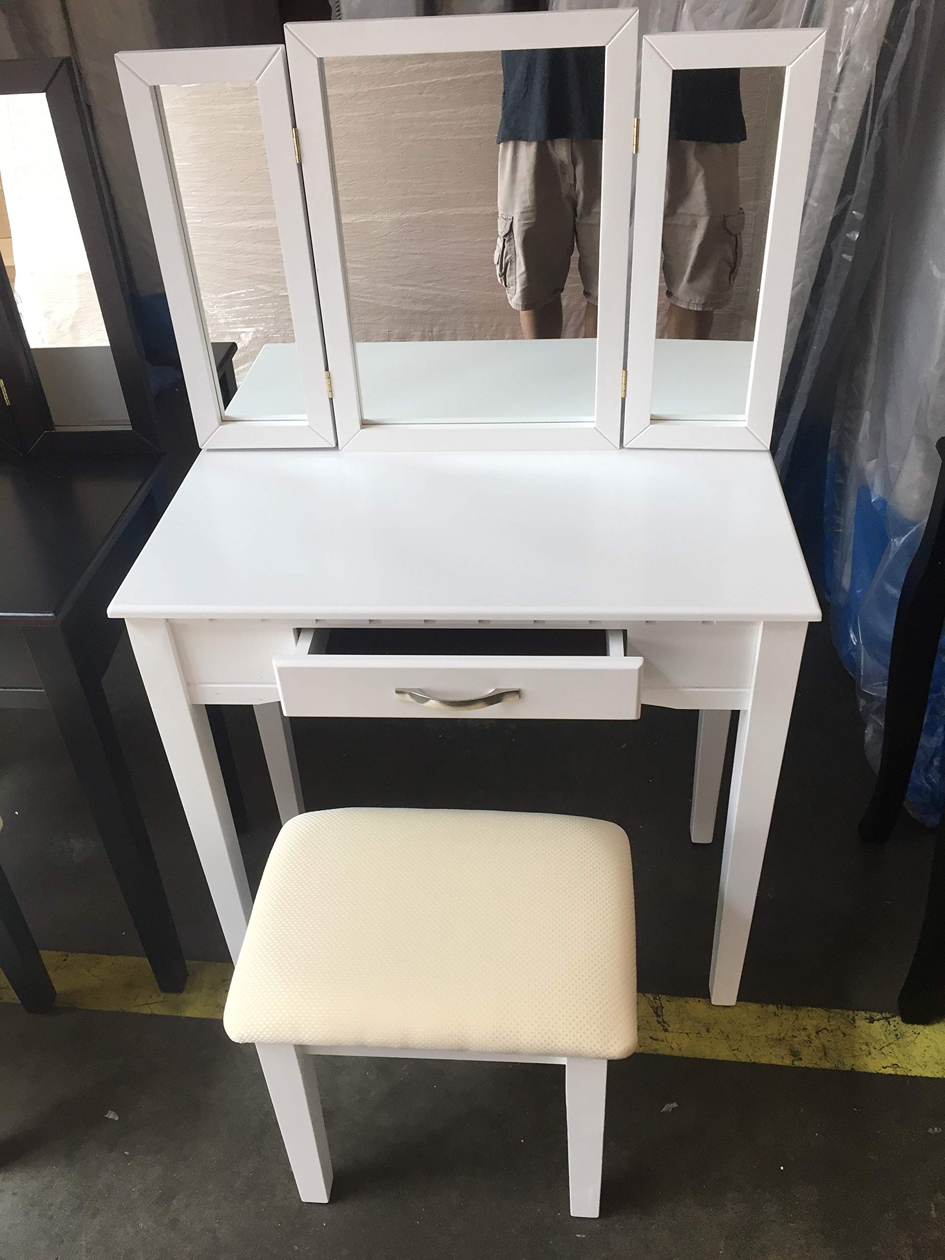 Amazon.com: SQUARE FURNITURE Stool Set & Vanity with 3 Mirror (White ...