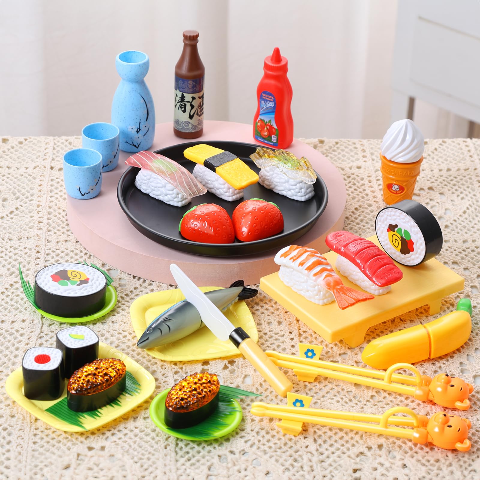 Amazon | Cute Stone おままごとセット お寿司セット おもちゃ 34点セット おままごと 知育玩具 練習箸付き リアルな食材 寿司種類豊富 さんま 果物 調味料 切る遊び ...