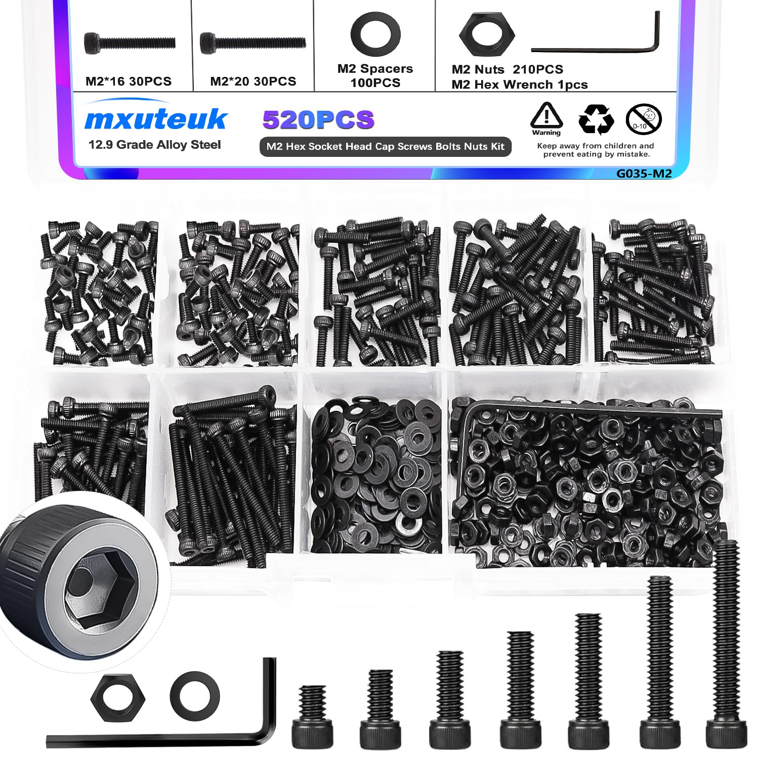 mxuteuk 520Pcs M2 Screw Set,M2 x 4/6/8/10/12/16/20mm Screw Assortment ...