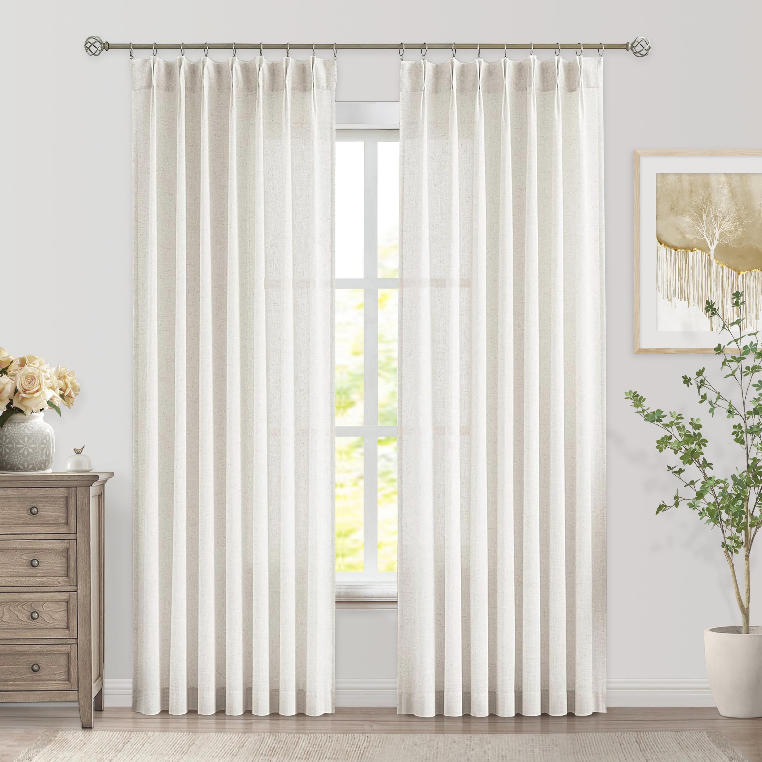 WEST LAKE Extra Long Natural Pinch Pleated Linen Sheer Curtains for ...