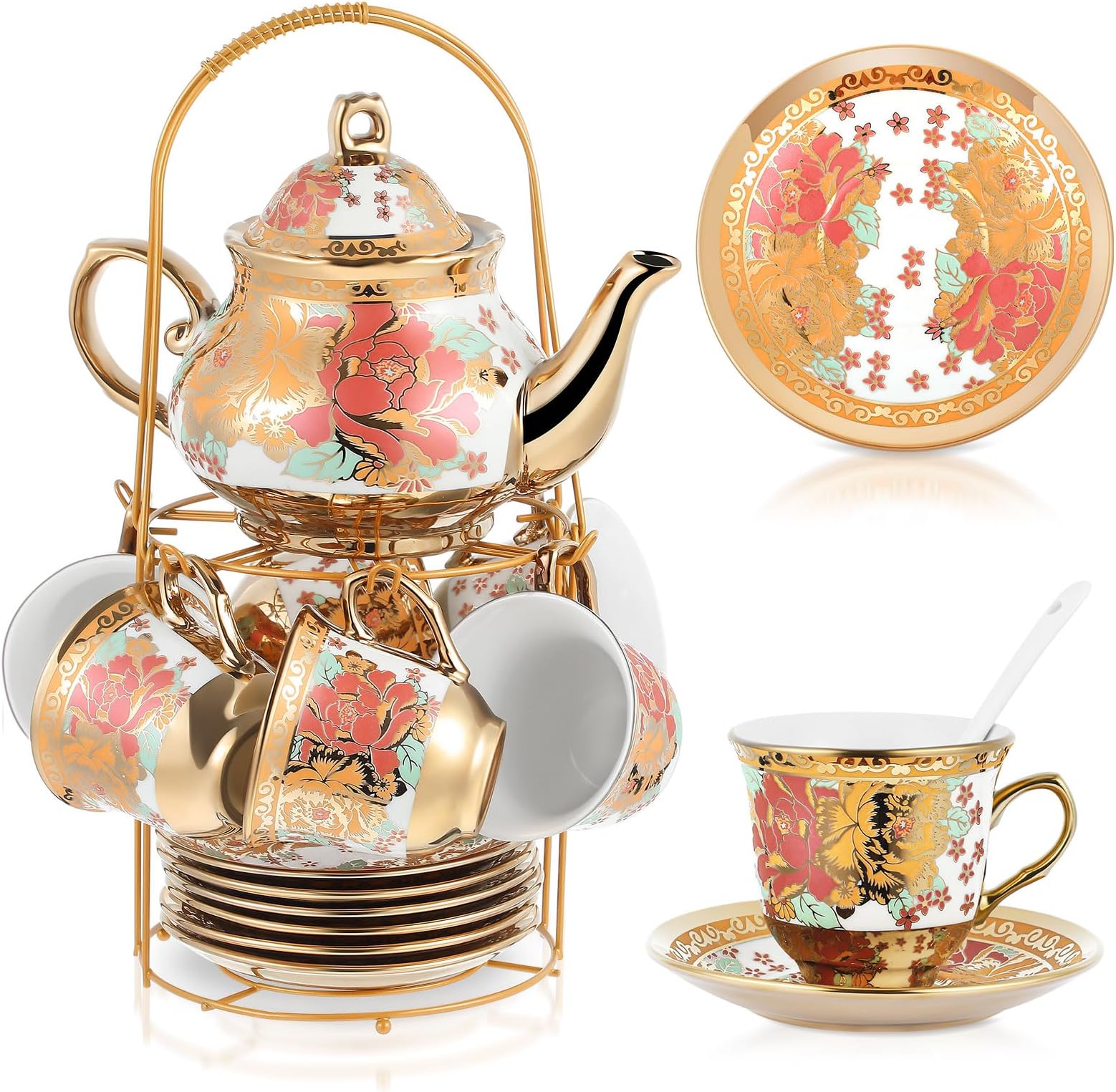 Amazon.com | Zhehao 20 Pcs Porcelain Tea Set with Metal Holder Adult ...