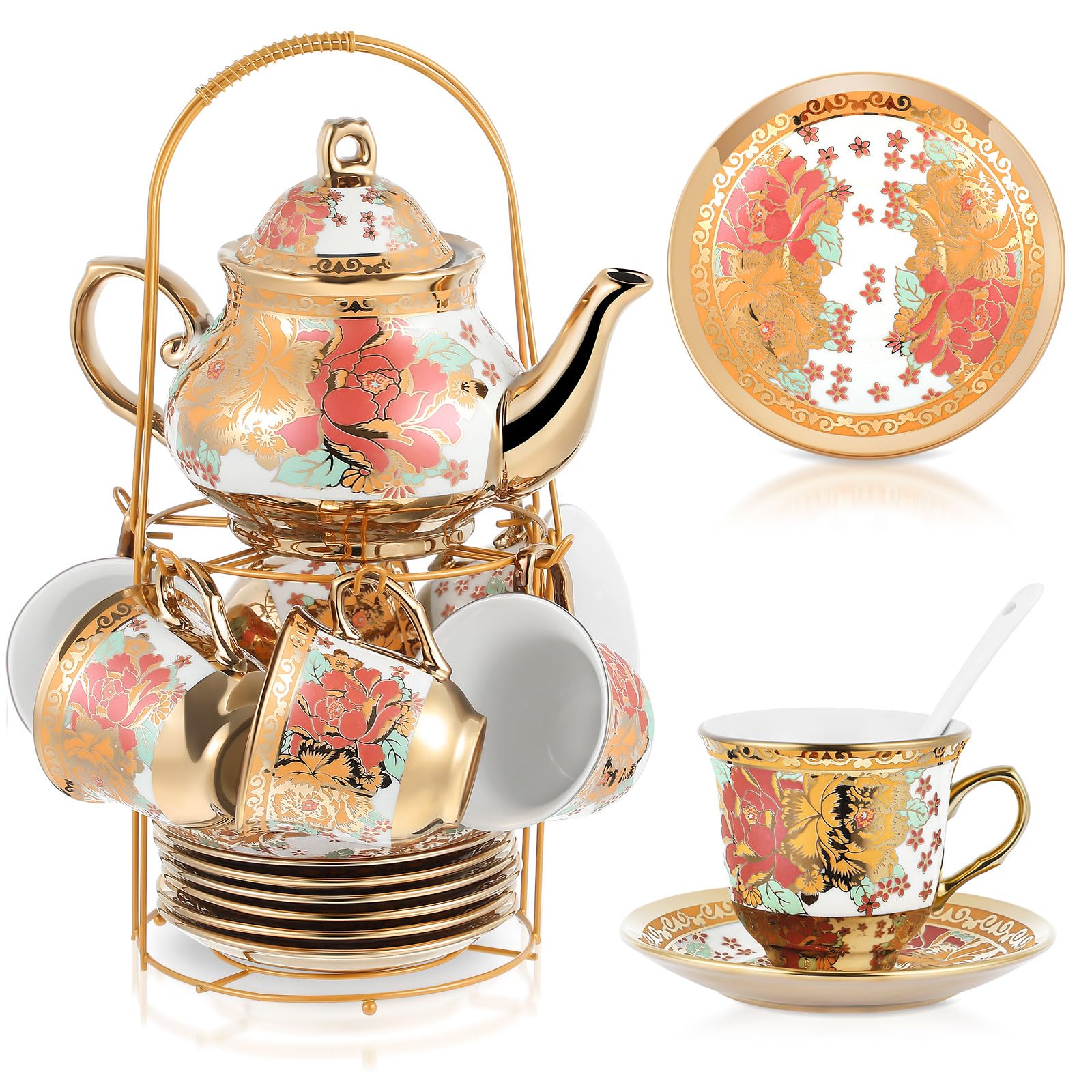 Amazon.com | Zhehao 20 Pcs Porcelain Tea Set with Metal Holder Adult ...
