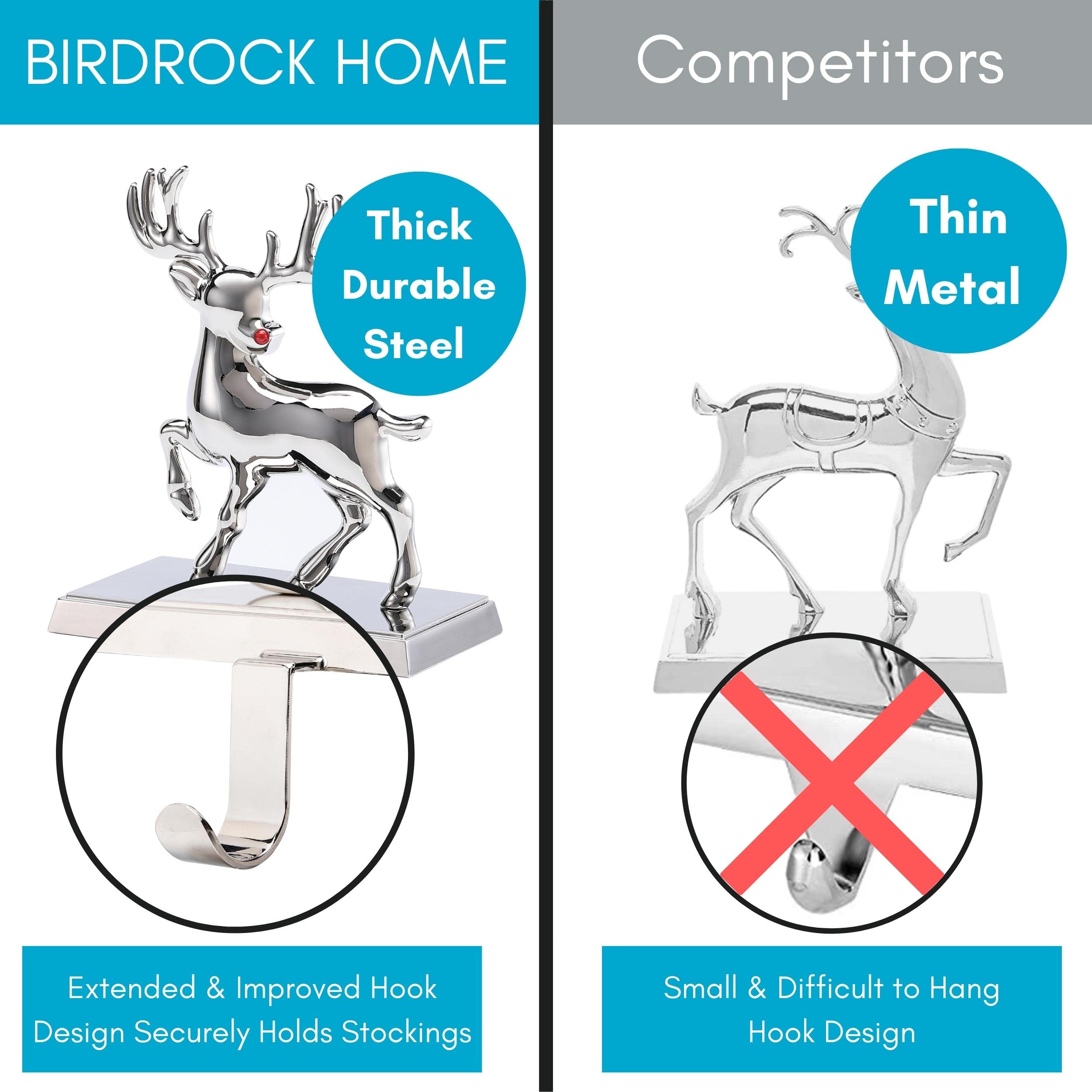 BIRDROCK HOME Rudoplh Stocking Holder | Red Nose Reindeer | Chrome ...