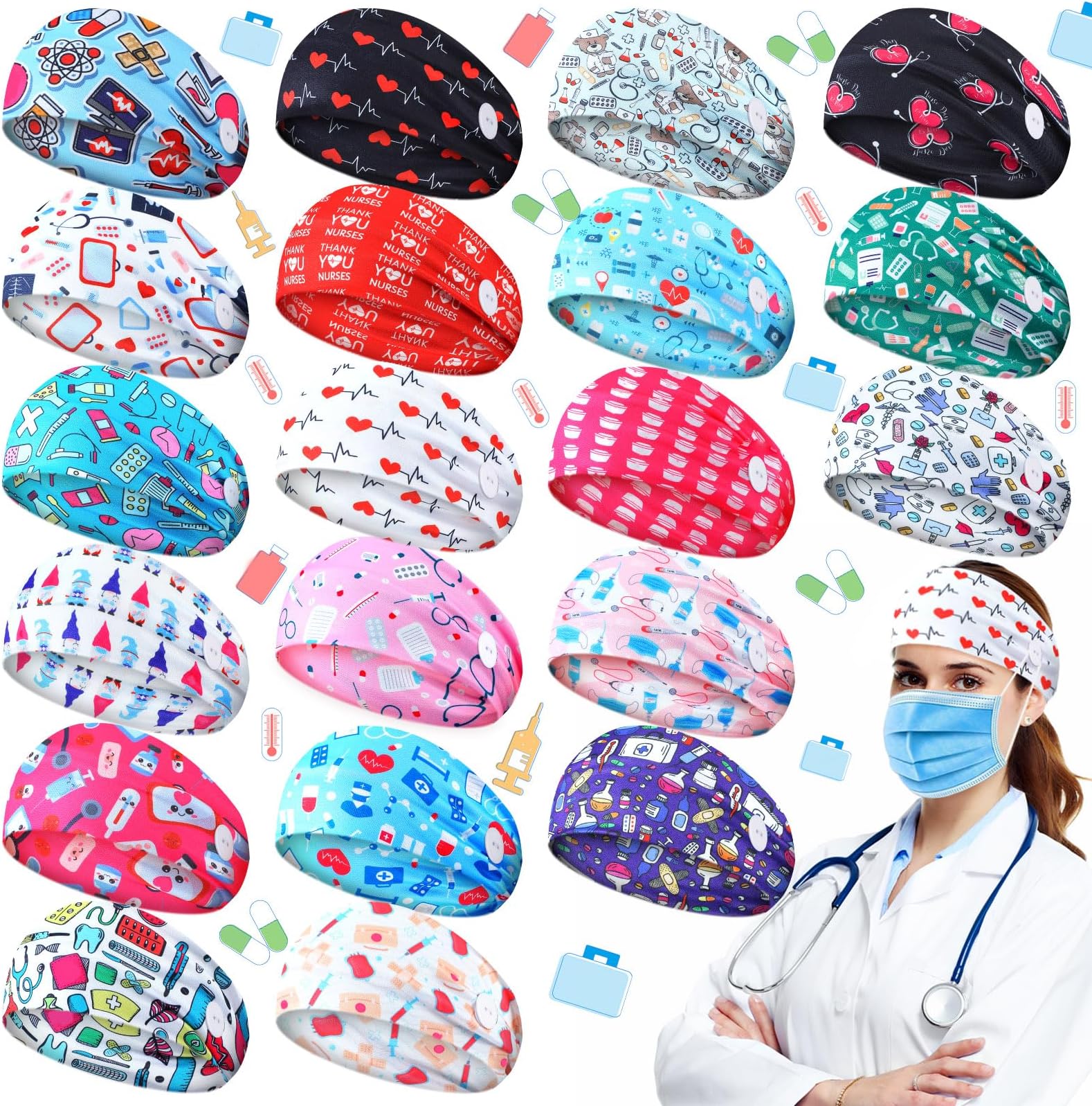 Amazon.com: WILLBOND 8 Pieces Nursing Headbands with Buttons for Nurses ...