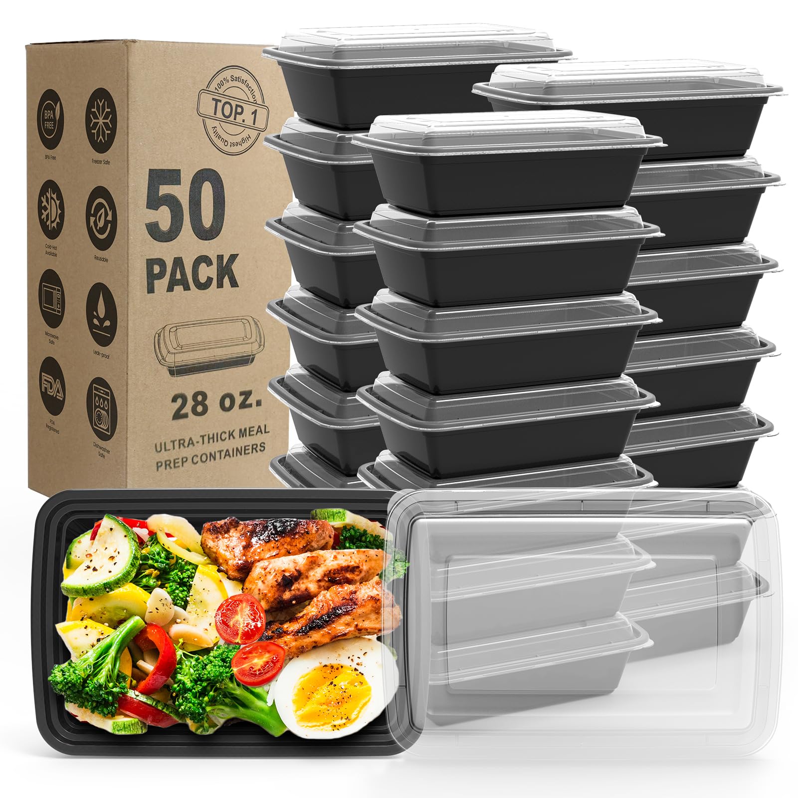 Amazon.com: WGCC Meal Prep Containers Reusable 50Pack - 28OZ Food Prep ...