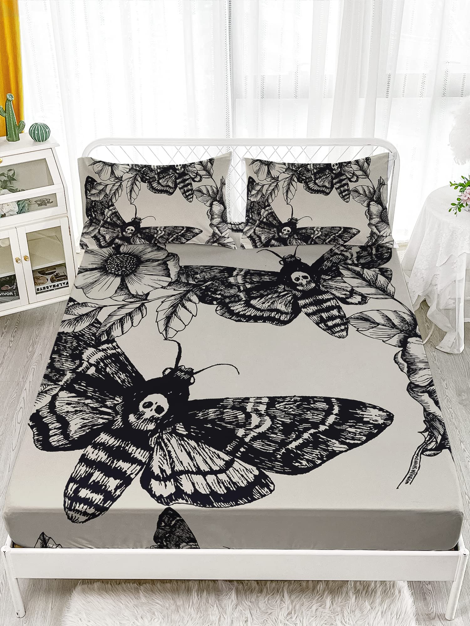 HOSIMA Death Moth Bedding Set for Girls Teen Boy Skull Decor Fitted ...