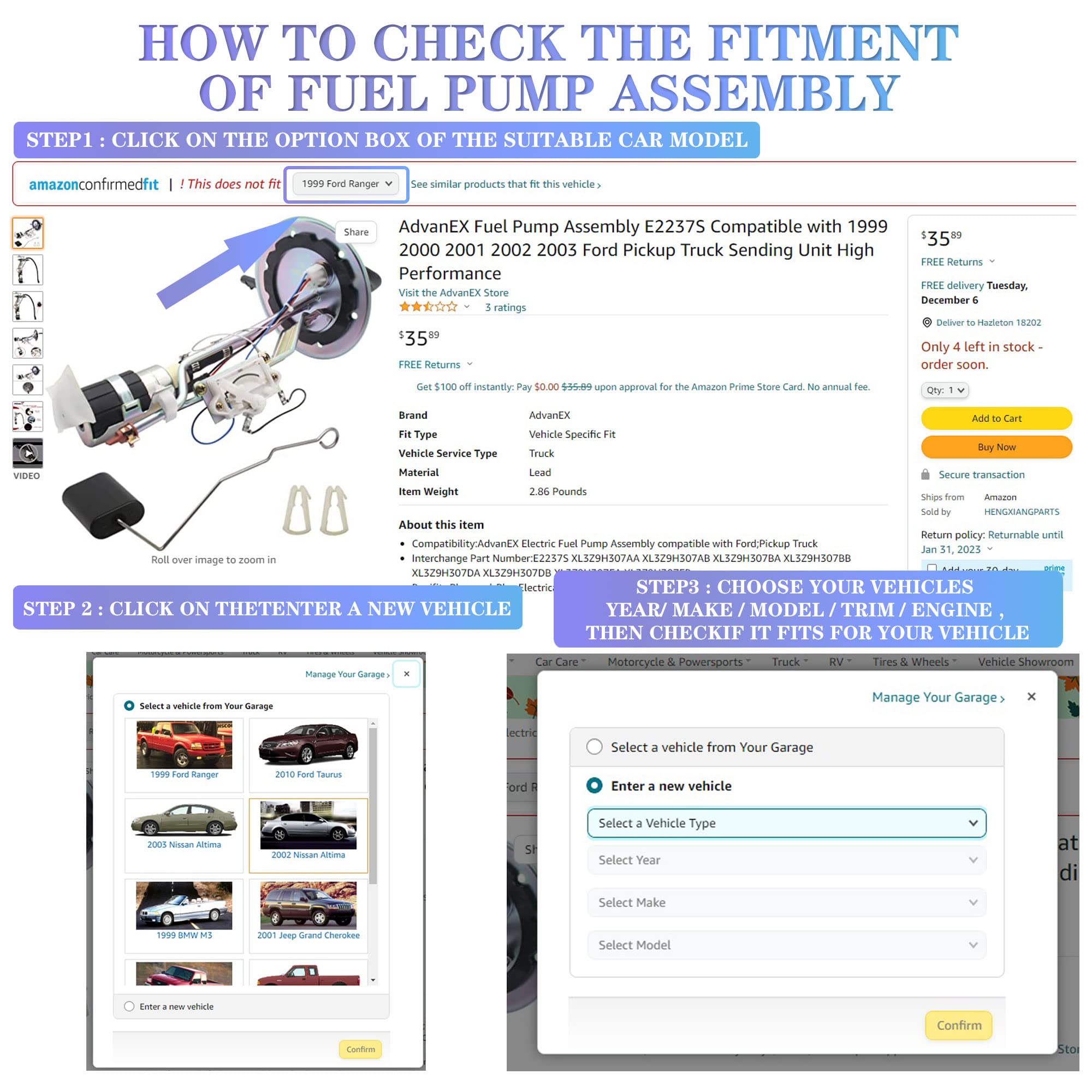 AdvanEX Fuel Pump Assembly Replaces E3500M Compatible with Chevy ...