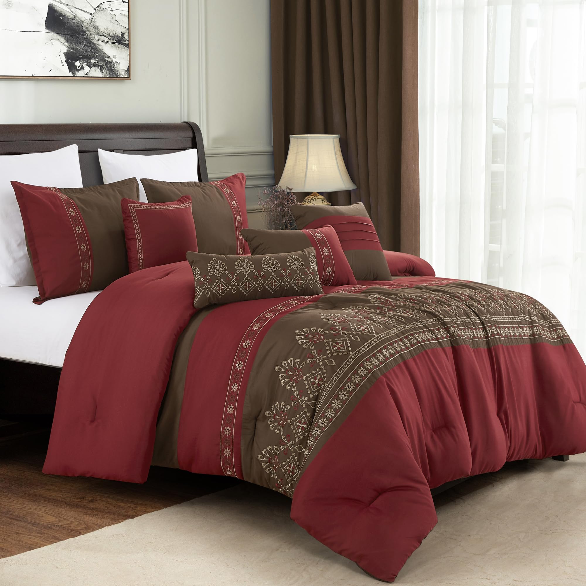 ESCA 7-Piece Esyllt Brown and Burgundy Comforter Set Embroidery Bedding ...