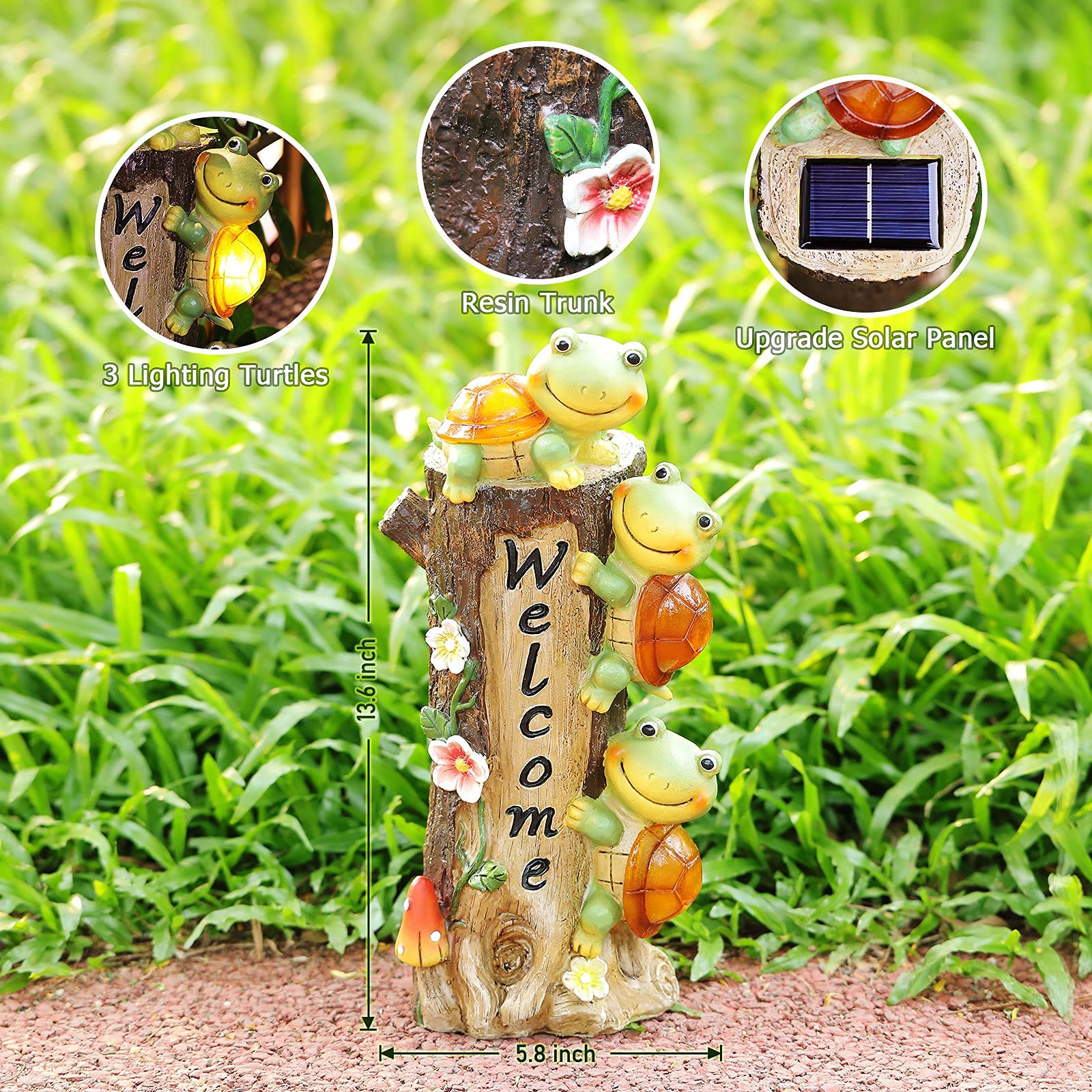 Solar Garden Statue Outdoor Decor, E-Kong Resin Turtle Figurines ...