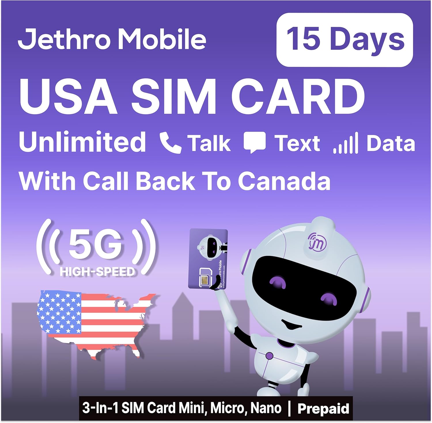 Jethro Mobile USA Prepaid SIM Card (Uses T-Mobile Network), 5G/4G LTE ...