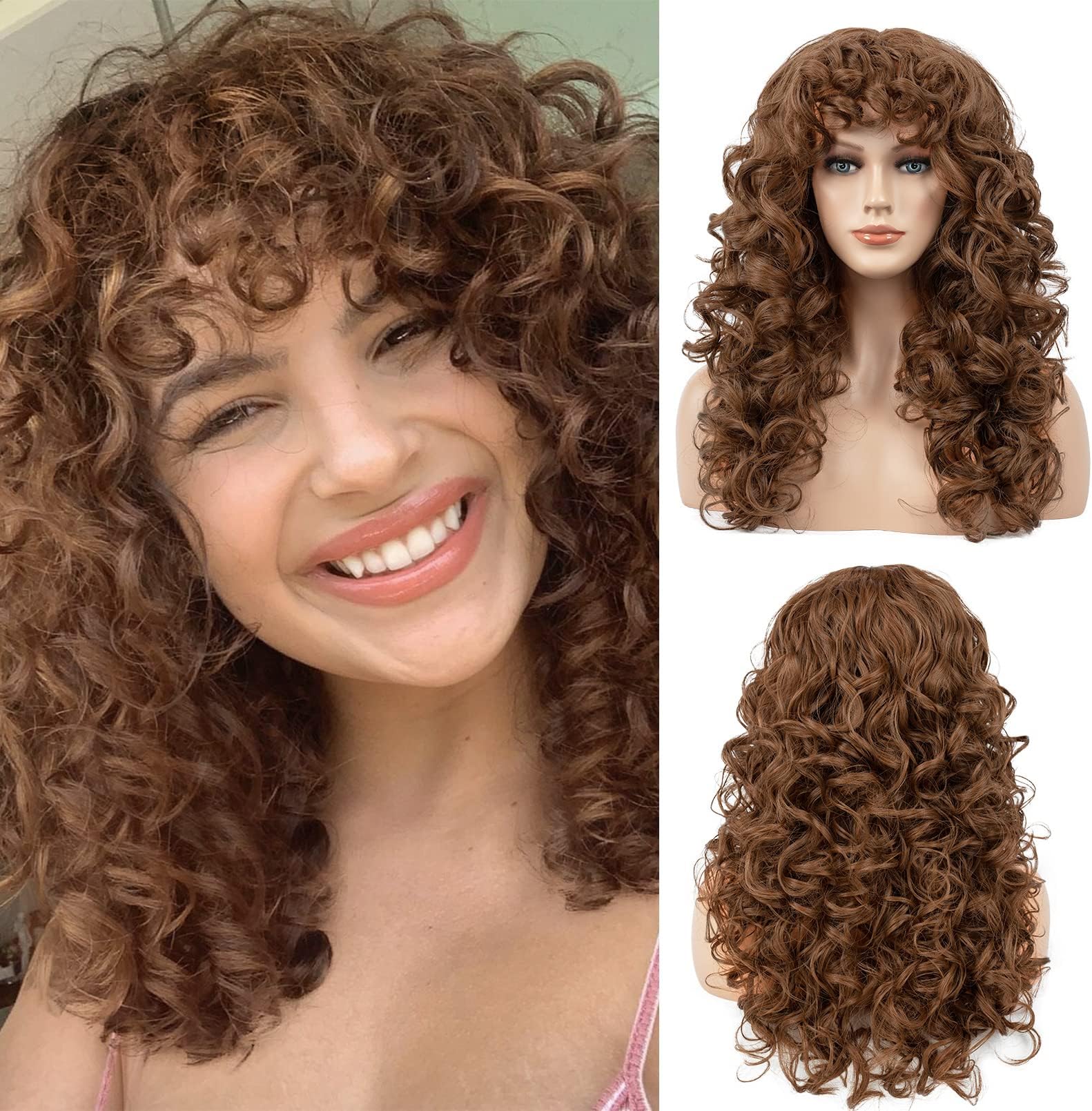 Amazon.com : Curly Wig with Bangs for Women FLUFYMOOZ Natural Light ...