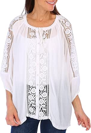 BUNULU Womens Solid Lace Inset 3/4 Sleeve Top Medium White at Amazon ...