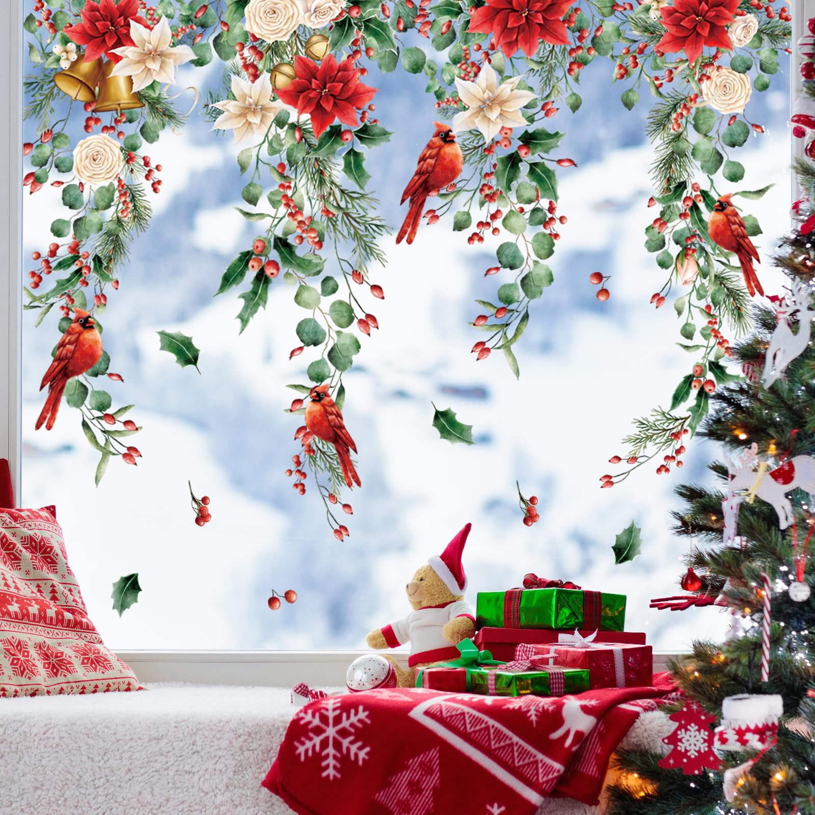 Amazon.com: Whaline 9 Sheets Christmas Floral Window Cling Stickers ...