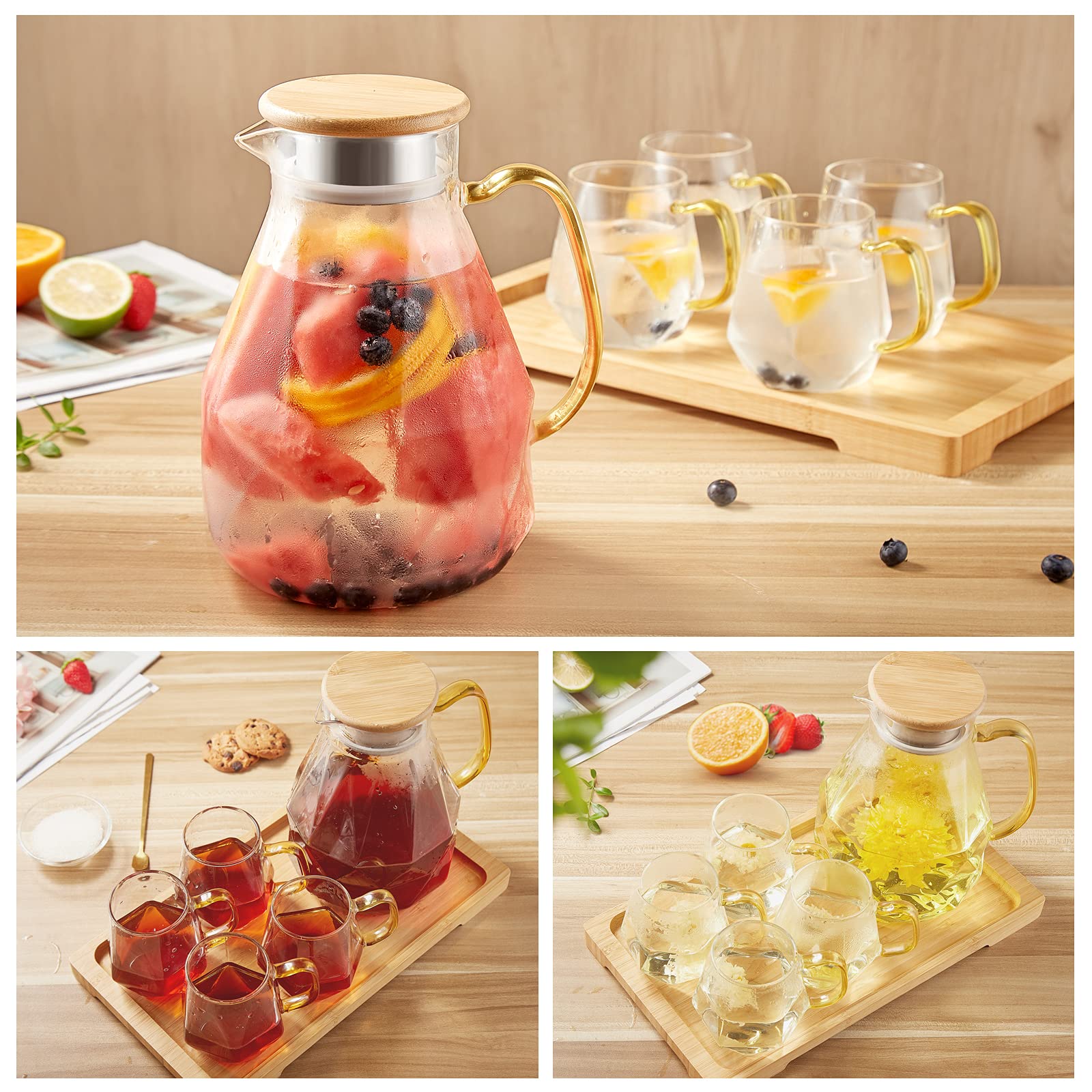 DUJUST Glass Pitcher with 4 Cups, 1 Tray, Elegant Diamond Design Water ...